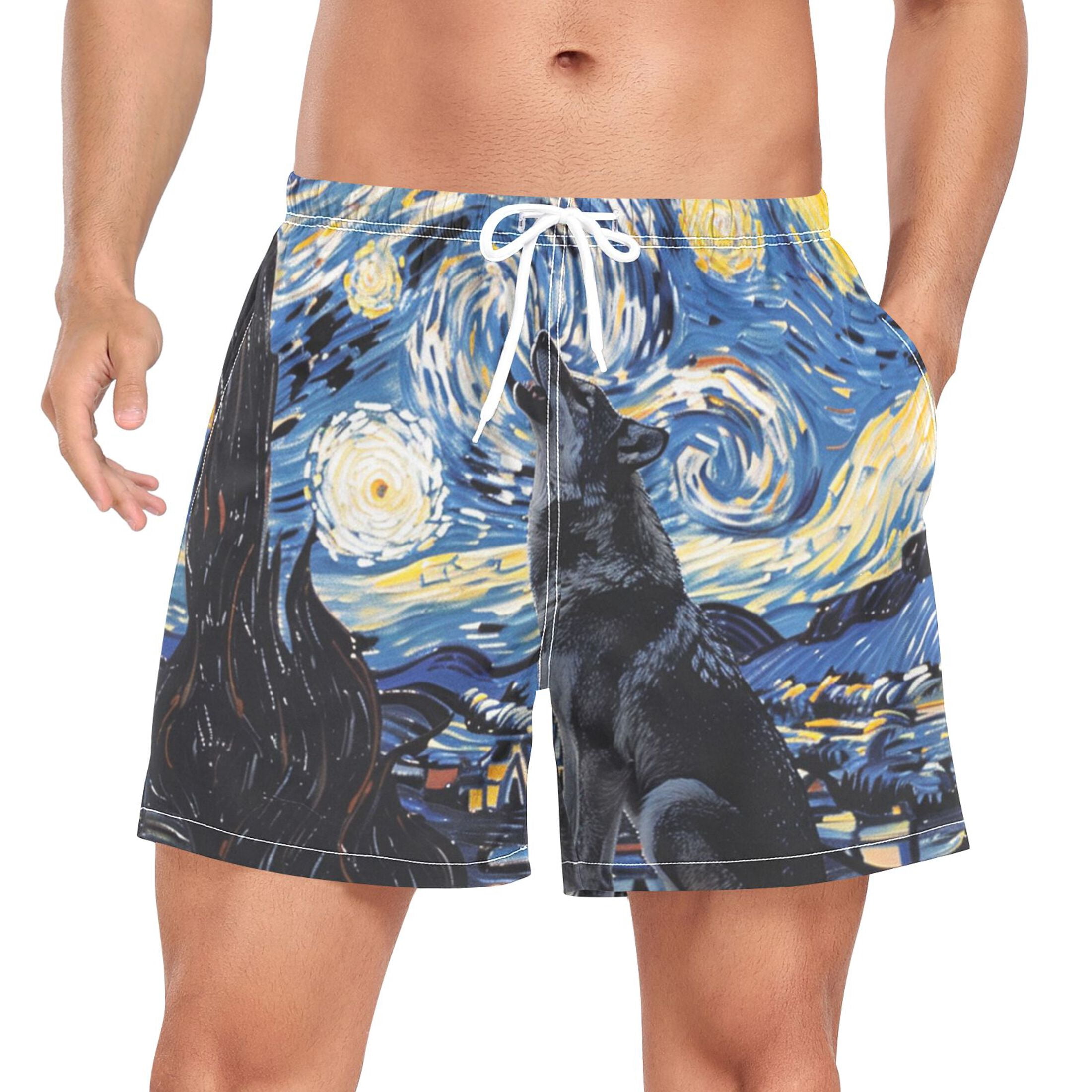ALAZA Men's Swim Trunks Beach Shorts Wolf in Night Sky Oil Paint ...