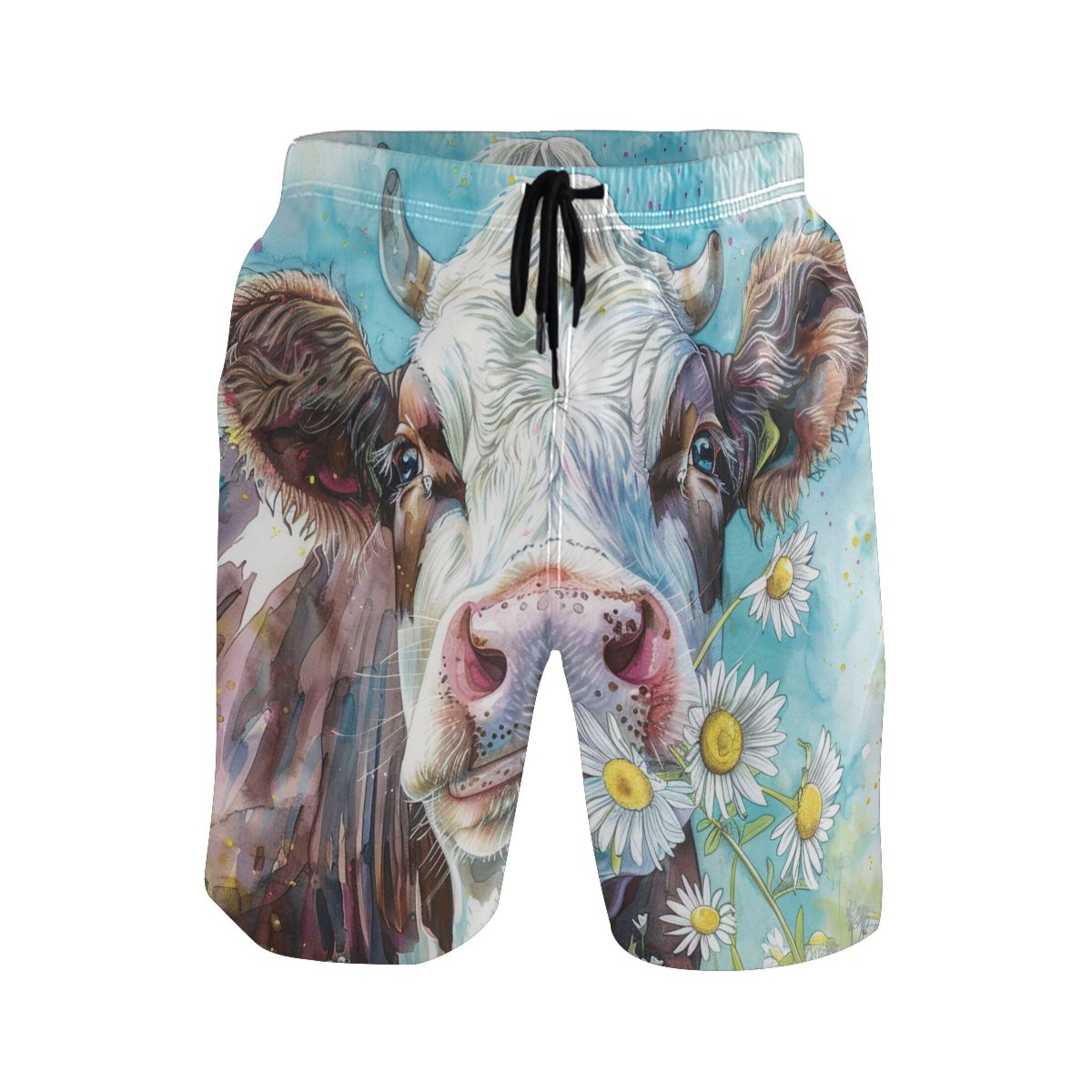 ALAZA Men's Swim Trunks Cows with Chrysanthemum Beach Shorts with ...