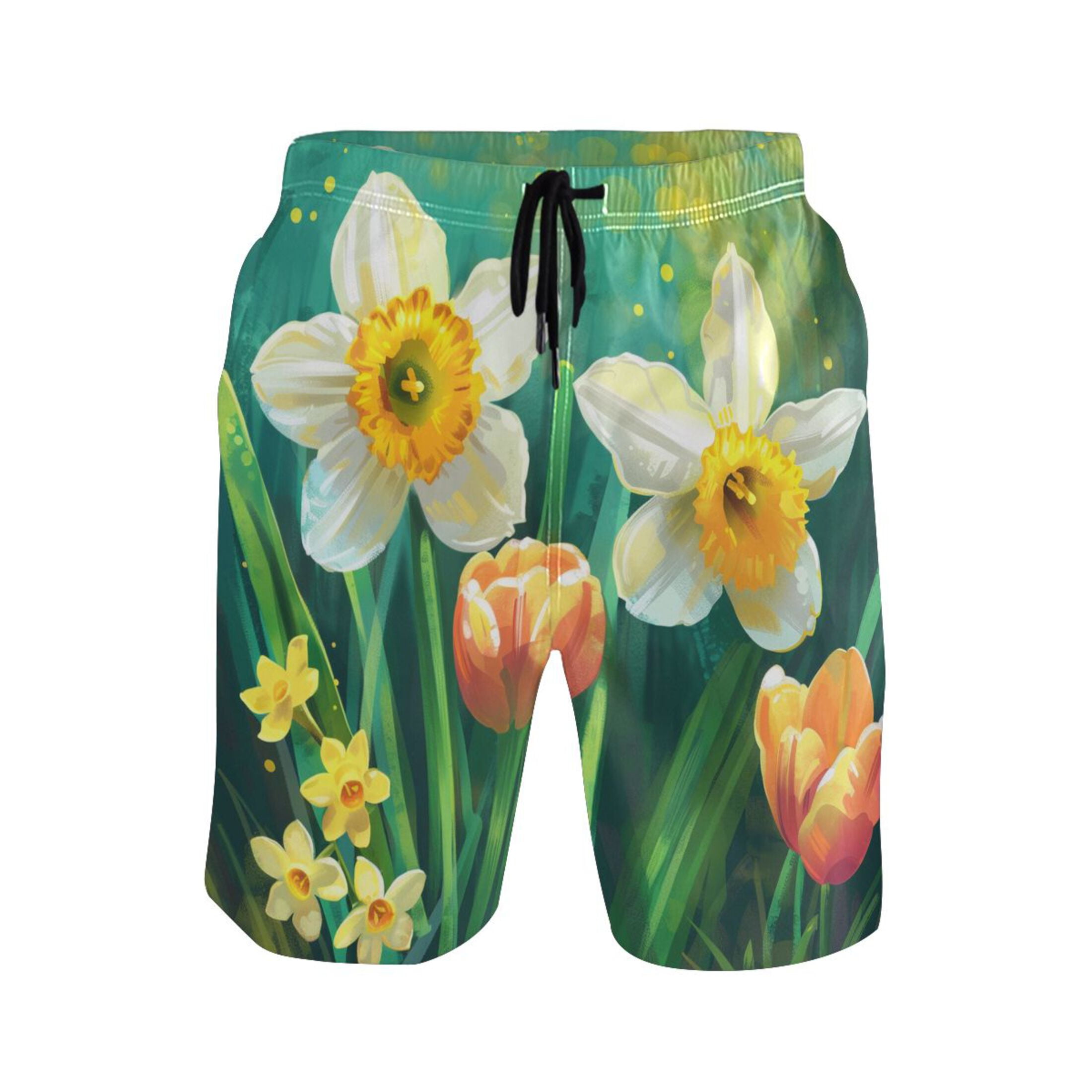 ALAZA Men's Swim Trunks Daffodils Tulips Flowers Leaves Beach Shorts ...