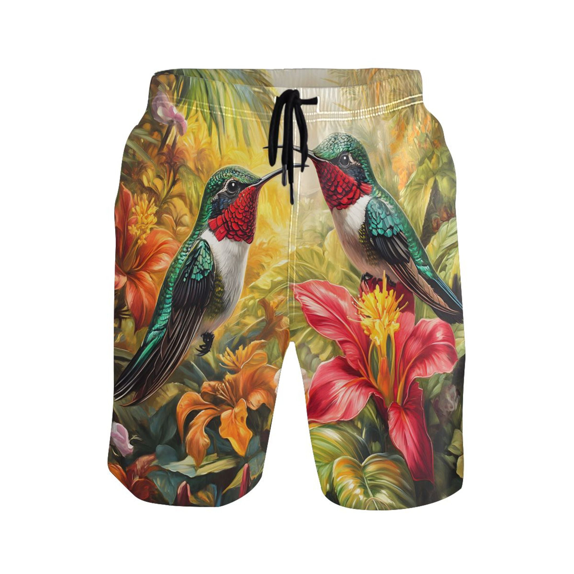 ALAZA Men's Swim Trunks Hummingbirds Lily Flowers Beach Shorts with ...