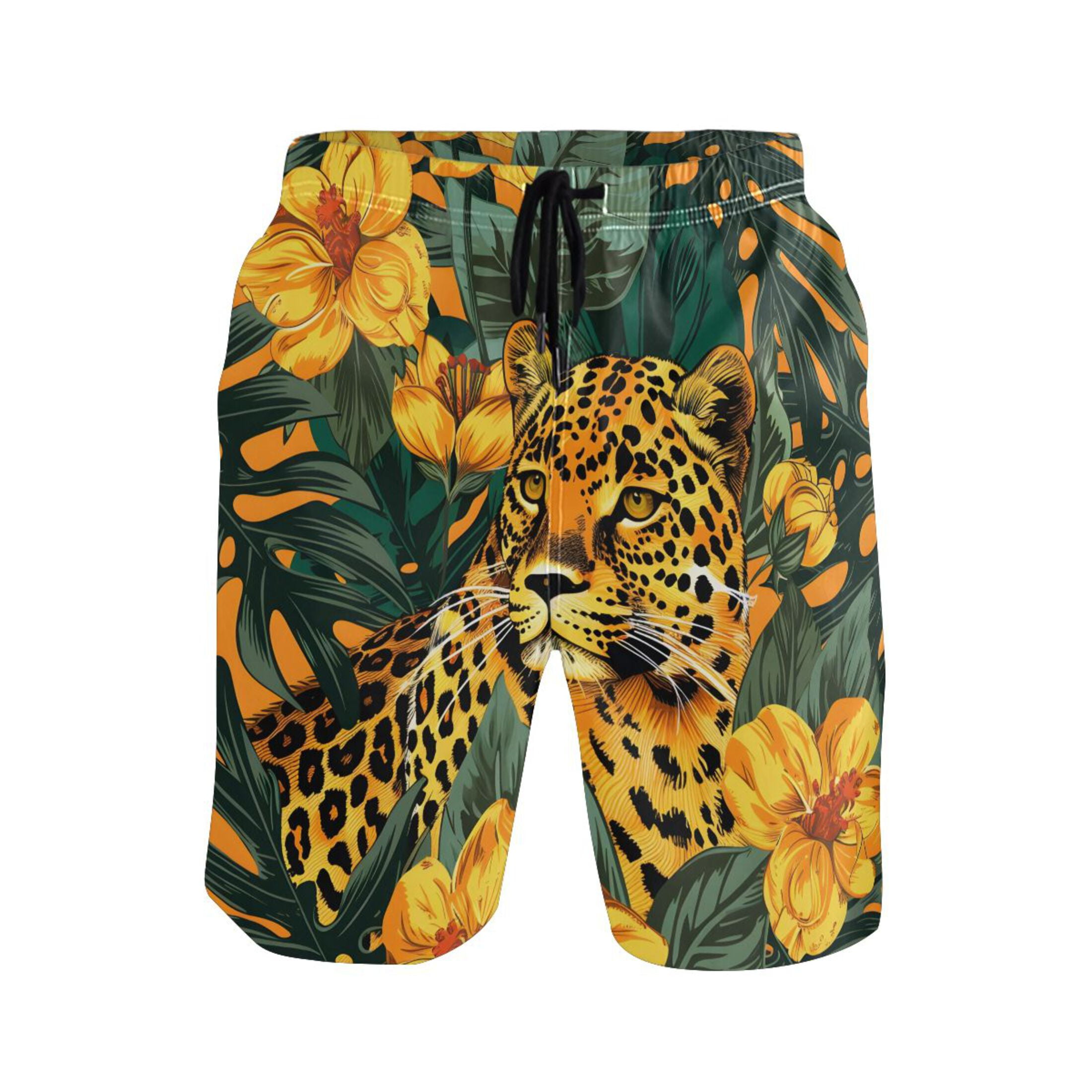 ALAZA Men's Swim Trunks Leopard and Palm Leave Beach Shorts with ...