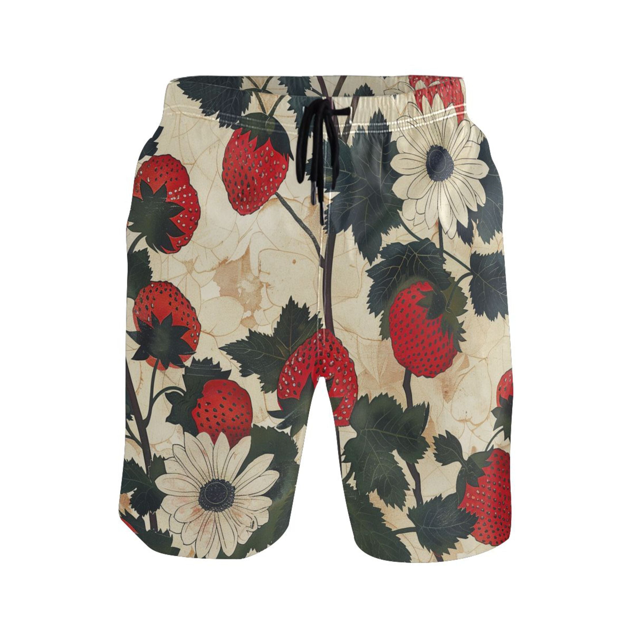ALAZA Men's Swim Trunks Strawberry Daisy Floral Retro Beach Shorts with ...
