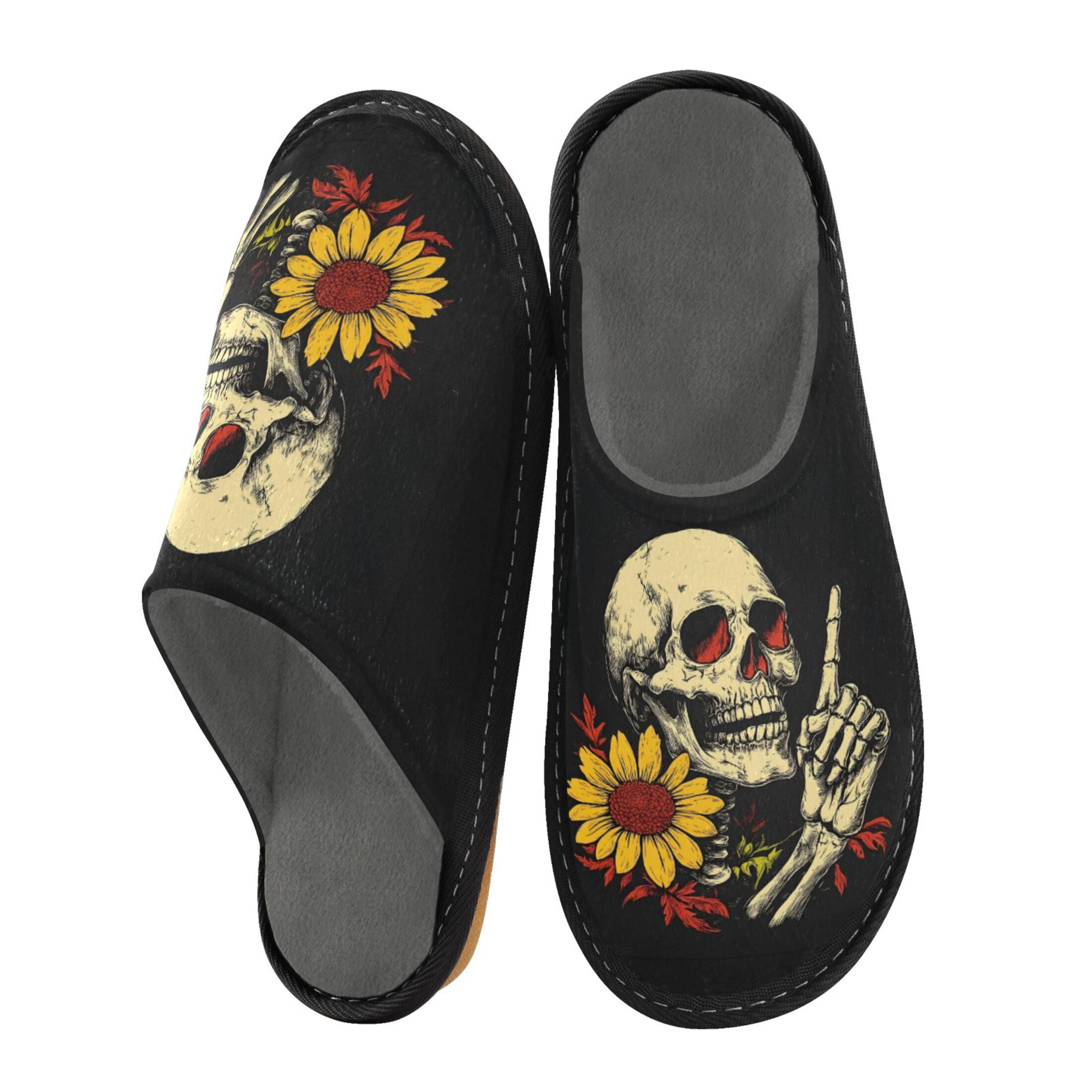 ALAZA Mens Womens Cozy Memory Foam Slippers Funny Skeleton Sunflowers ...
