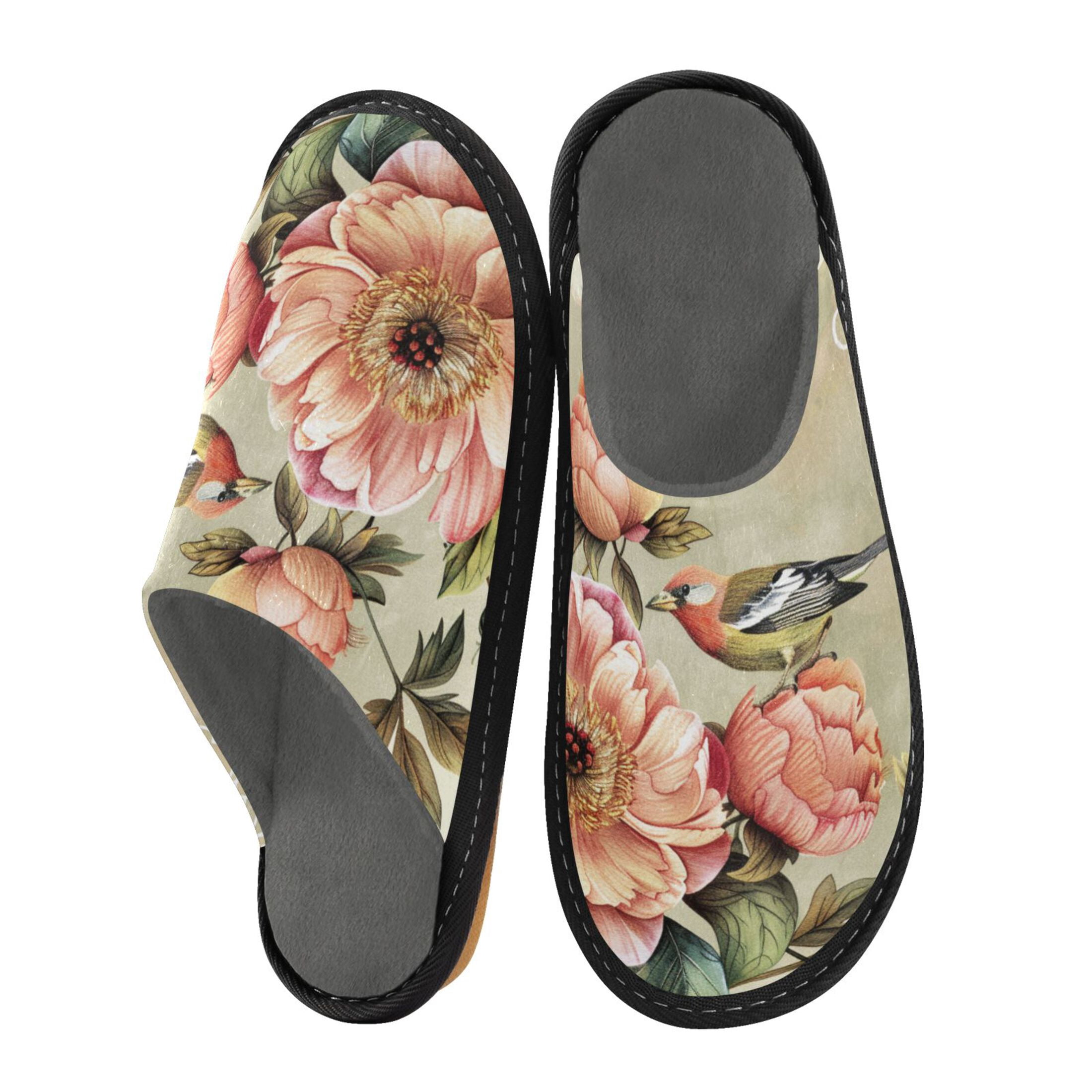 ALAZA Mens Womens Cozy Memory Foam Slippers Retro Bird Peony Flower ...