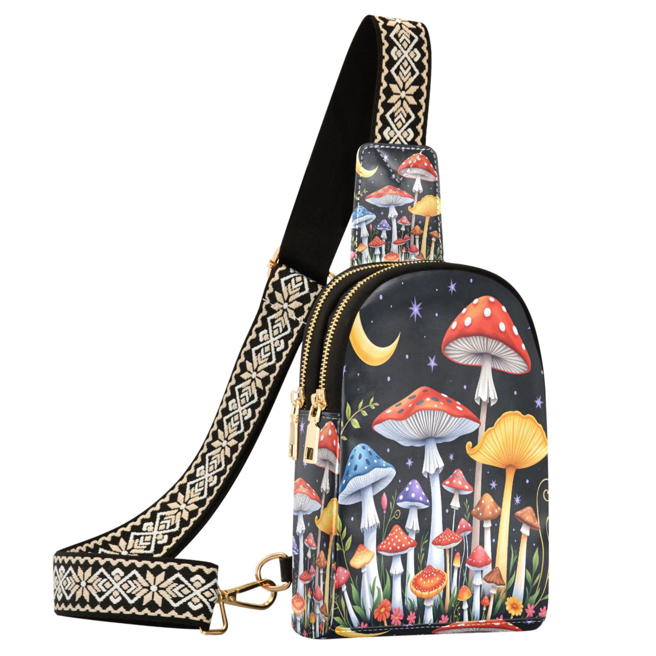 ALAZA Mushrooms Moon Stars Sling Bag for Women Men Waterproof Crossbody ...