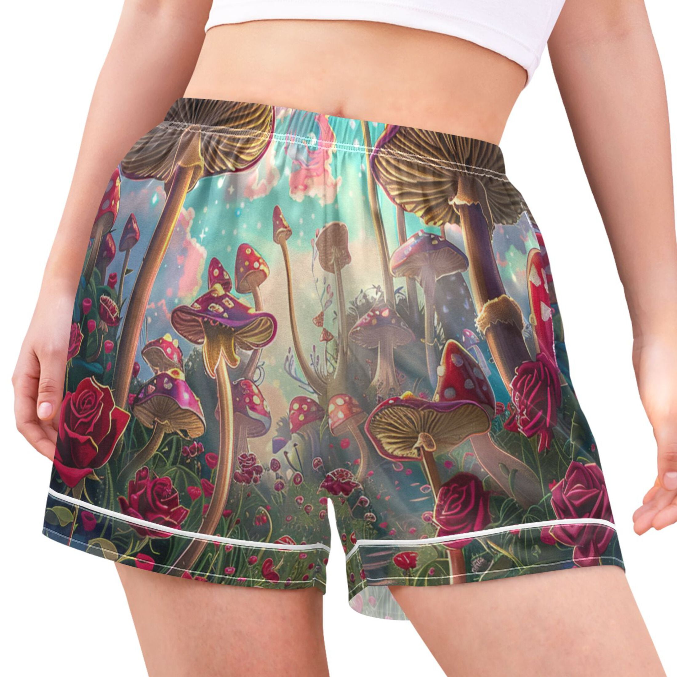 ALAZA Mushrooms Sky Rose Flower Women's Pajama Lounge Shorts Bottoms ...