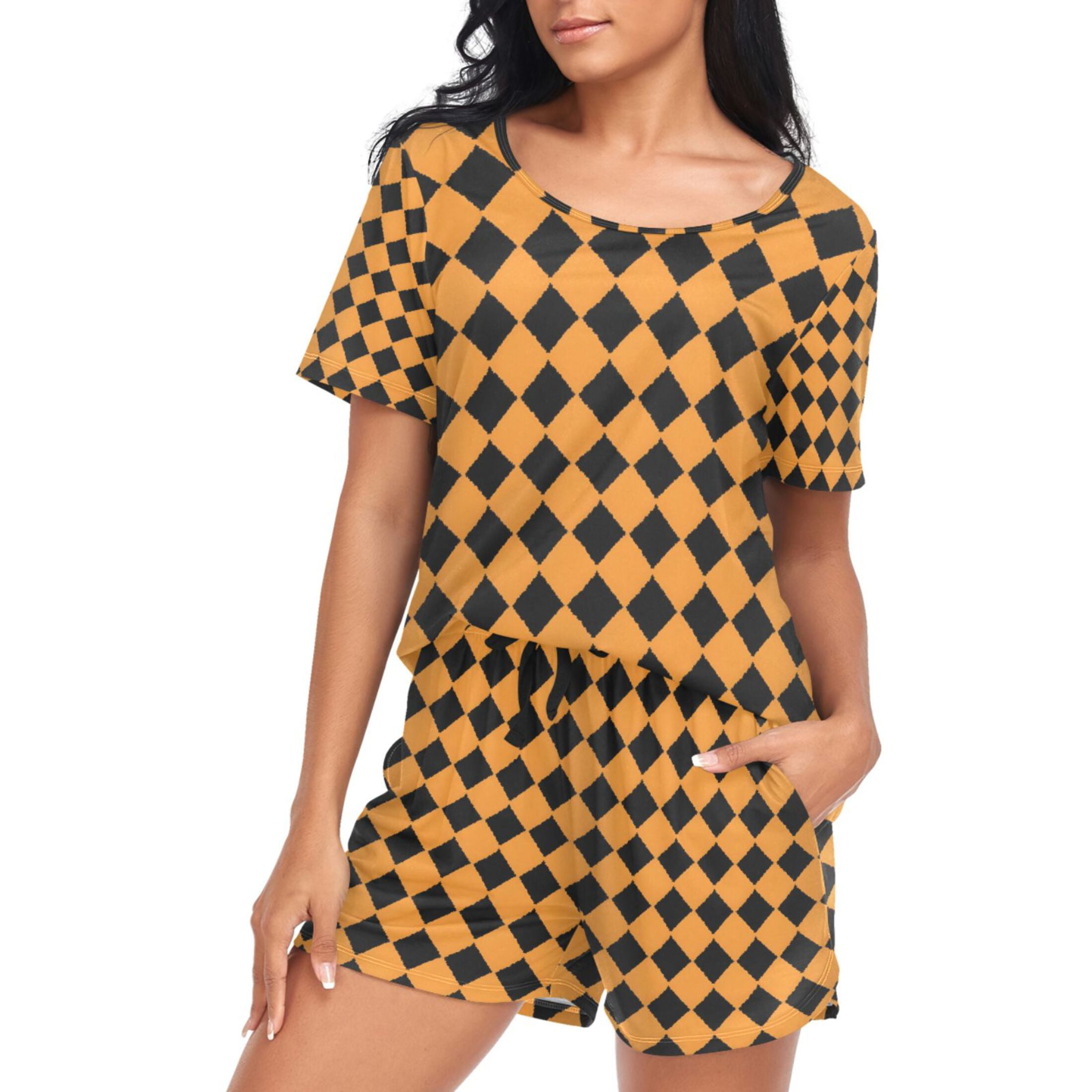 ALAZA Orange Checked Grid Pattern Women's Pajama Set Short Sleepwear ...