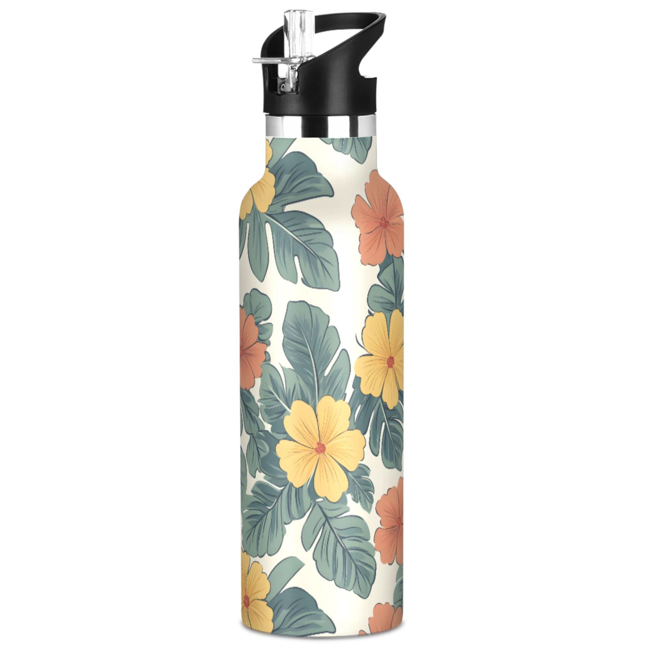 ALAZA Palm Tree Retro Flower Pattern Stainless Steel Water Bottle ...