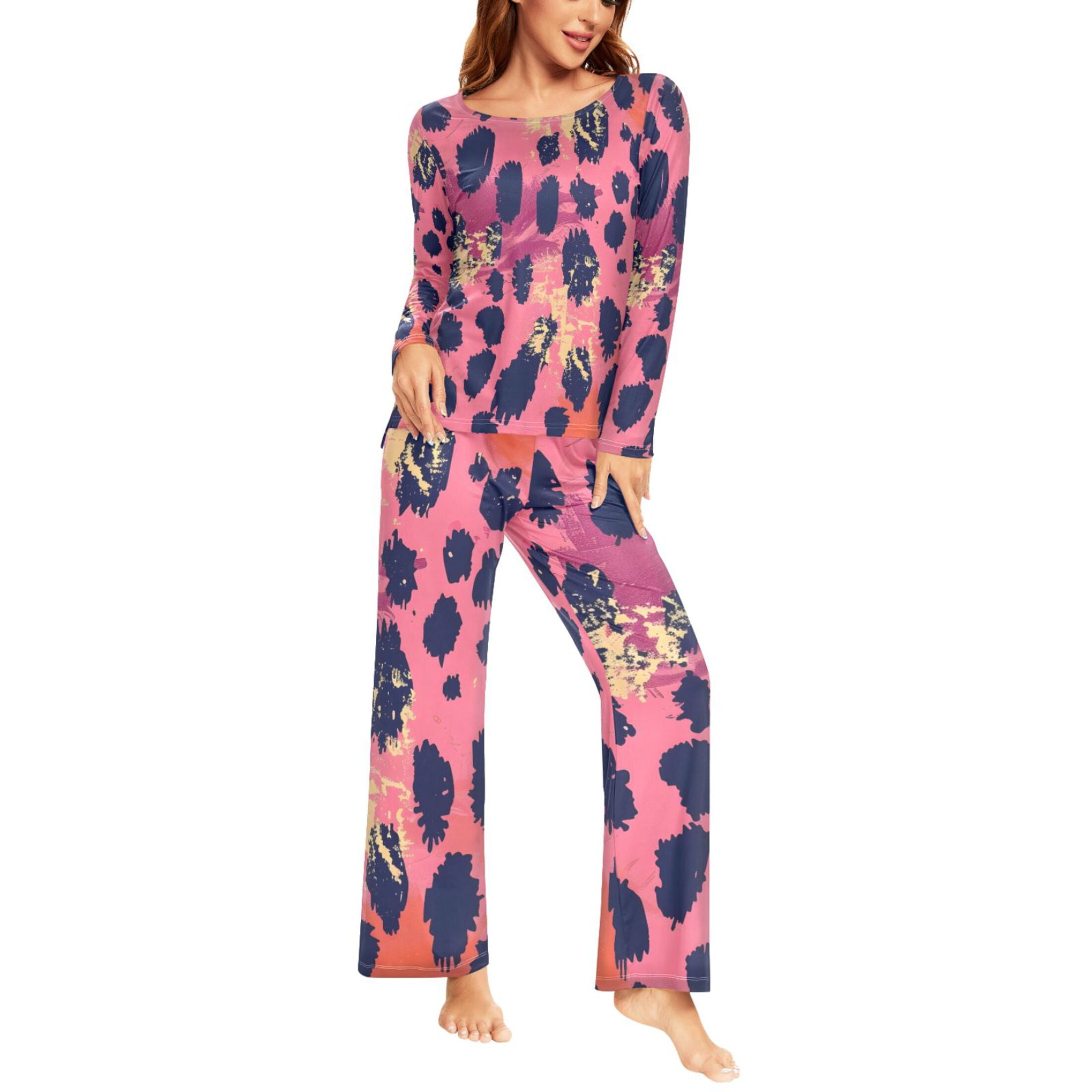ALAZA Pink Leopard Print Women's 2 Piece Long Sleeve Sleepwear Soft ...