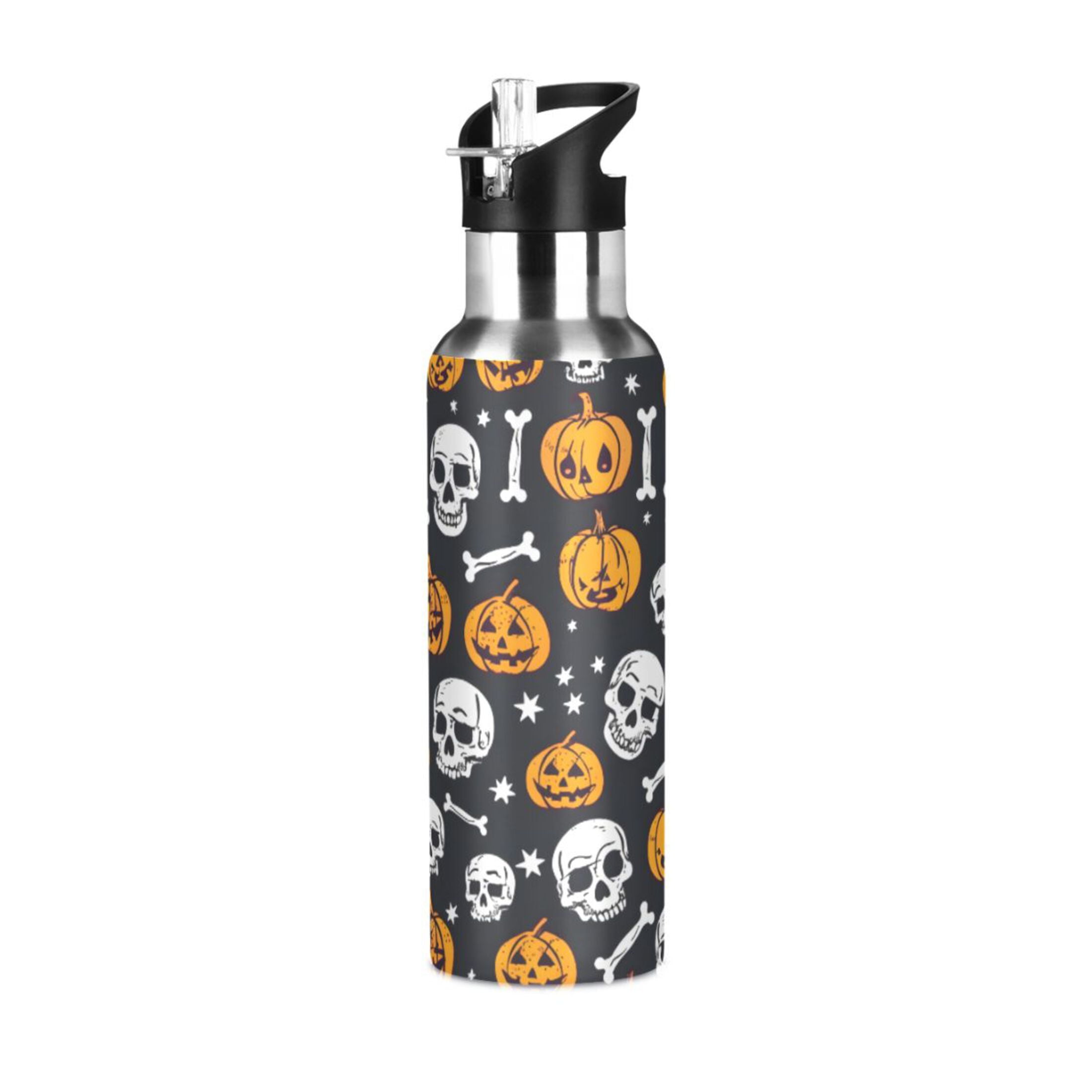ALAZA Pumpkin Skeleton Halloween Water Bottle Insulated Flask Stainless Steel Straw Lid 20 oz ...