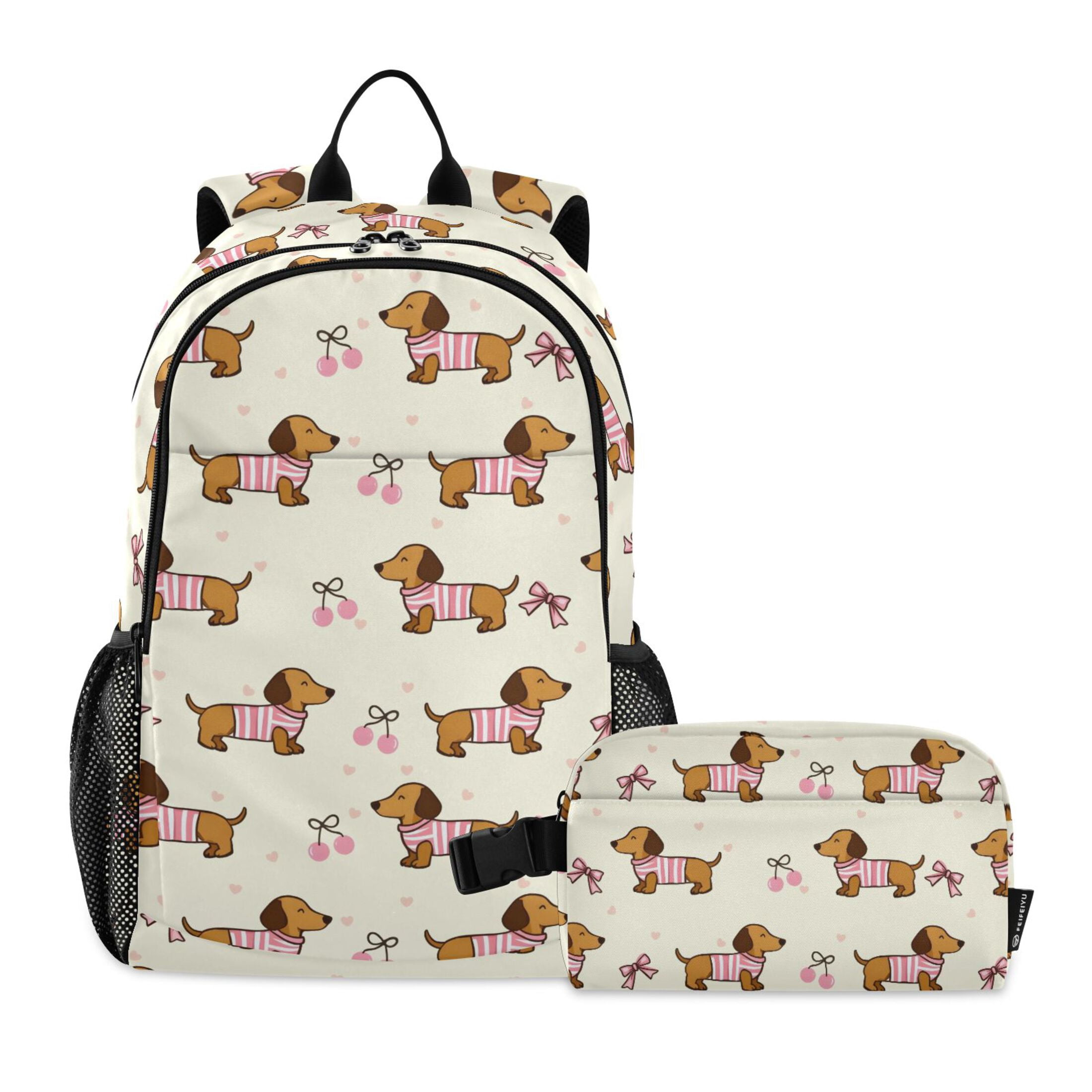 ALAZA Puppy Cherry Bow School Backpack Lunch Box Set Student Bookbag ...
