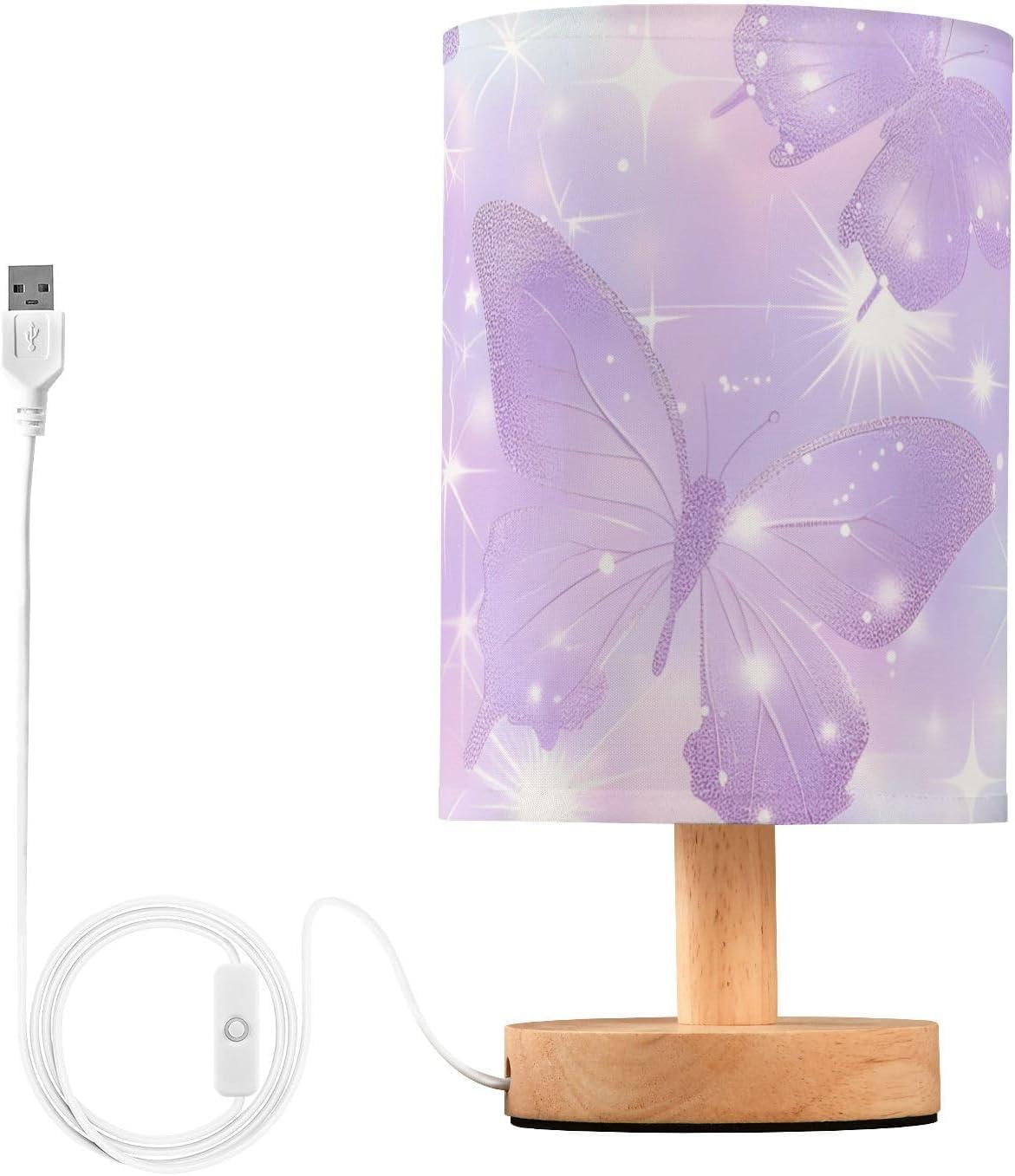 ALAZA Purple Butterflies Shiny Bedside Table Lamp with USB Port, Decor ...