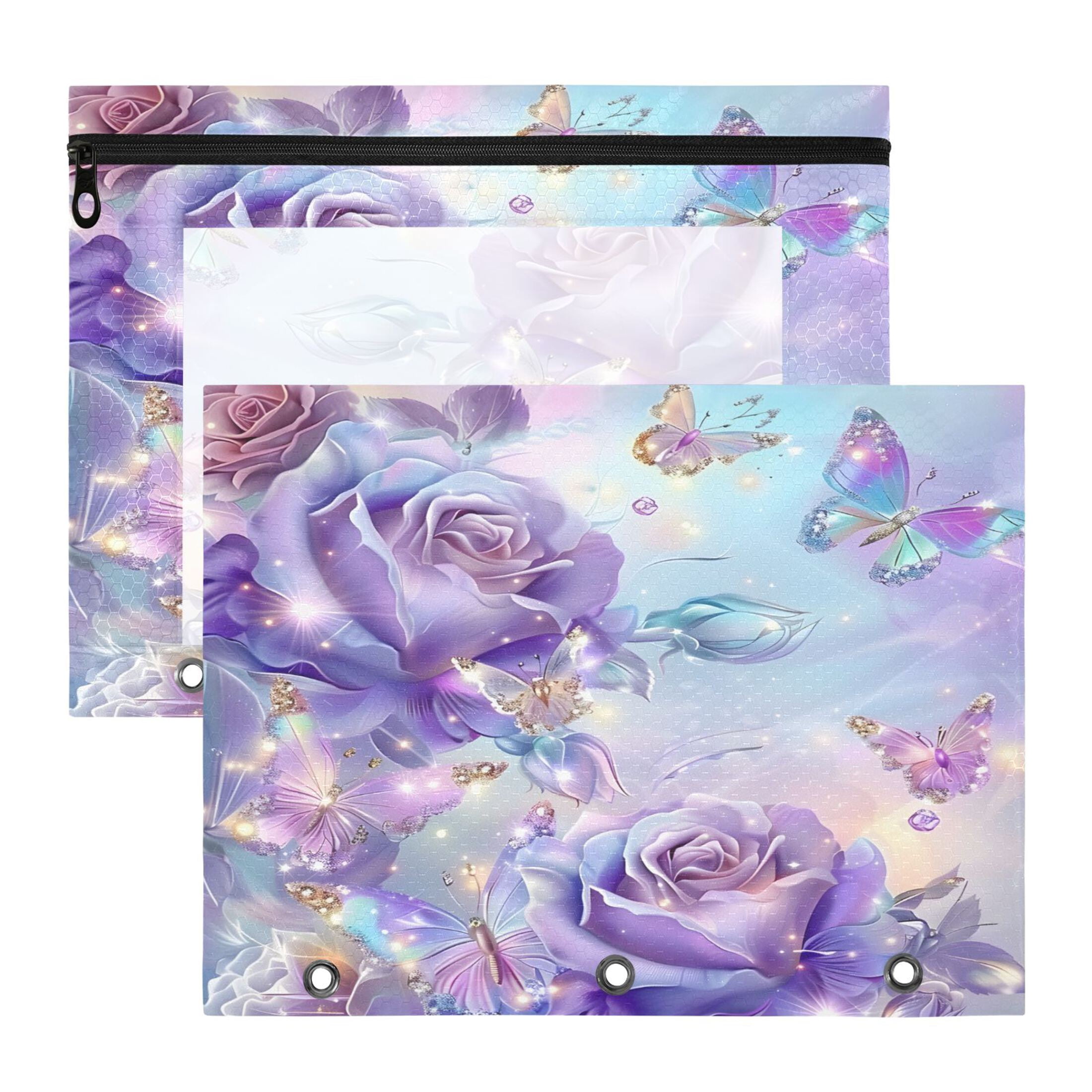ALAZA Purple Flower Butterfly Pattern Pencil Pouch 3 Ring Binder with ...