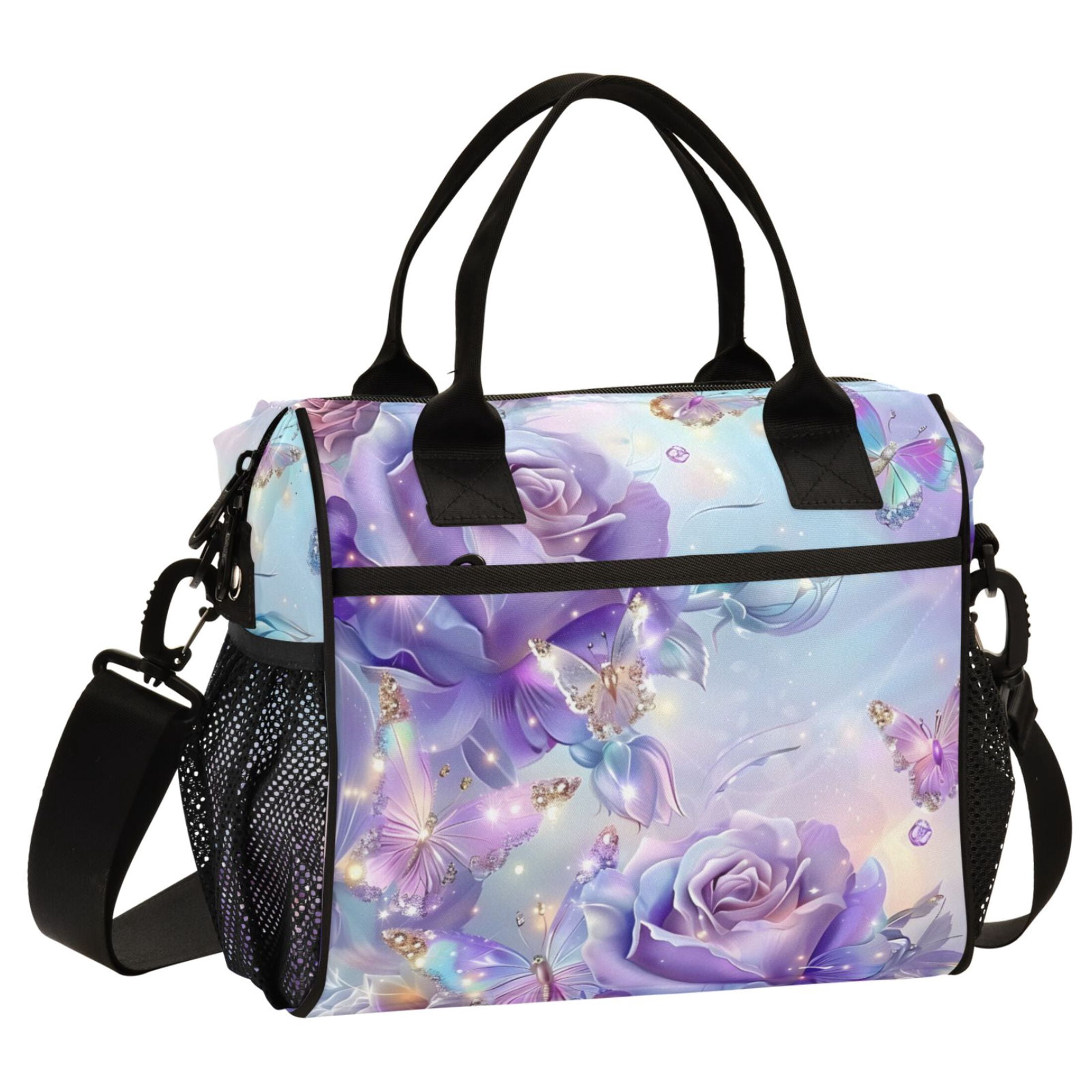 ALAZA Purple Flower Butterfly Print Cooler Lunch Bag Insulated Reusable ...