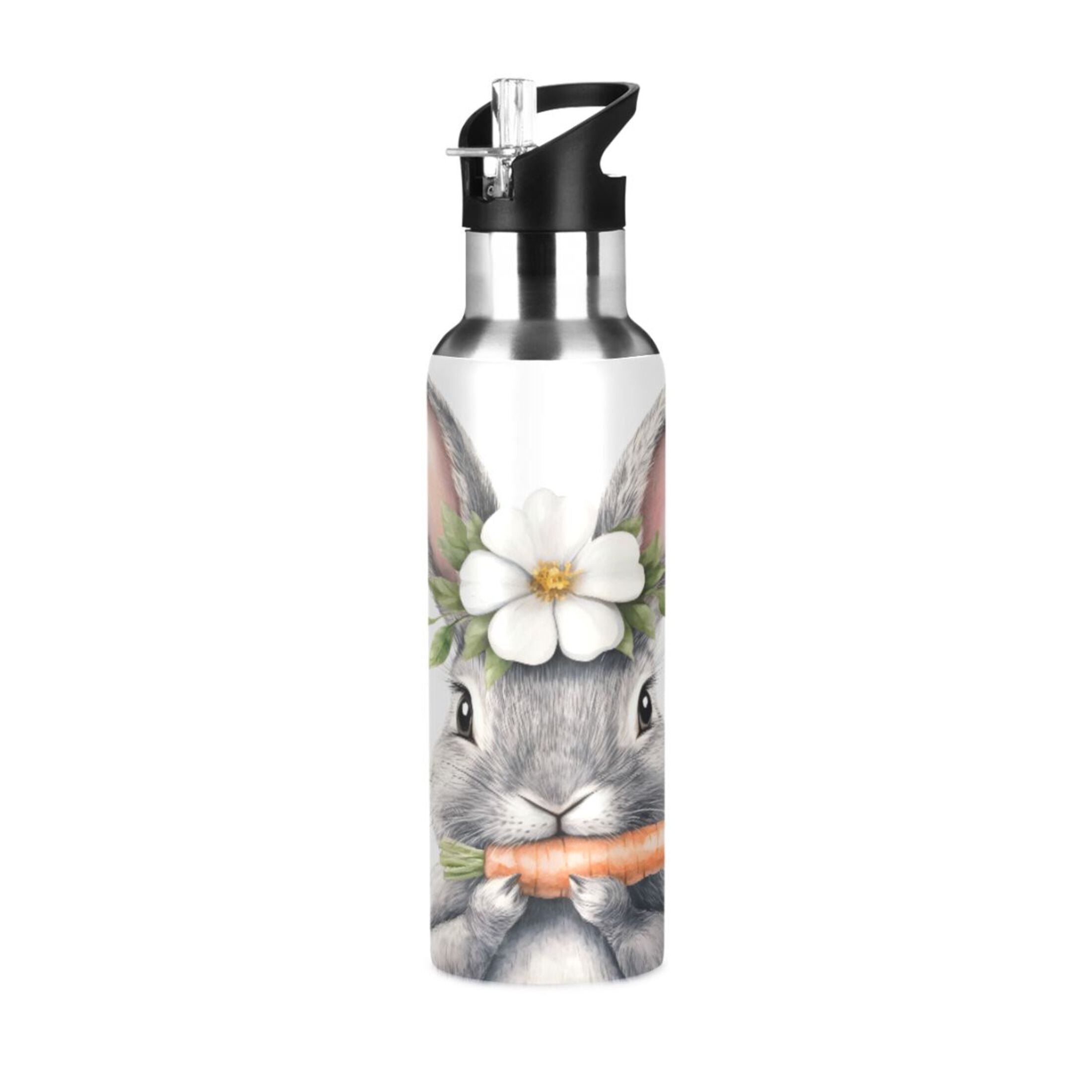 ALAZA Rabbit Carrot Water Bottle Insulated Flask Stainless Steel Straw ...