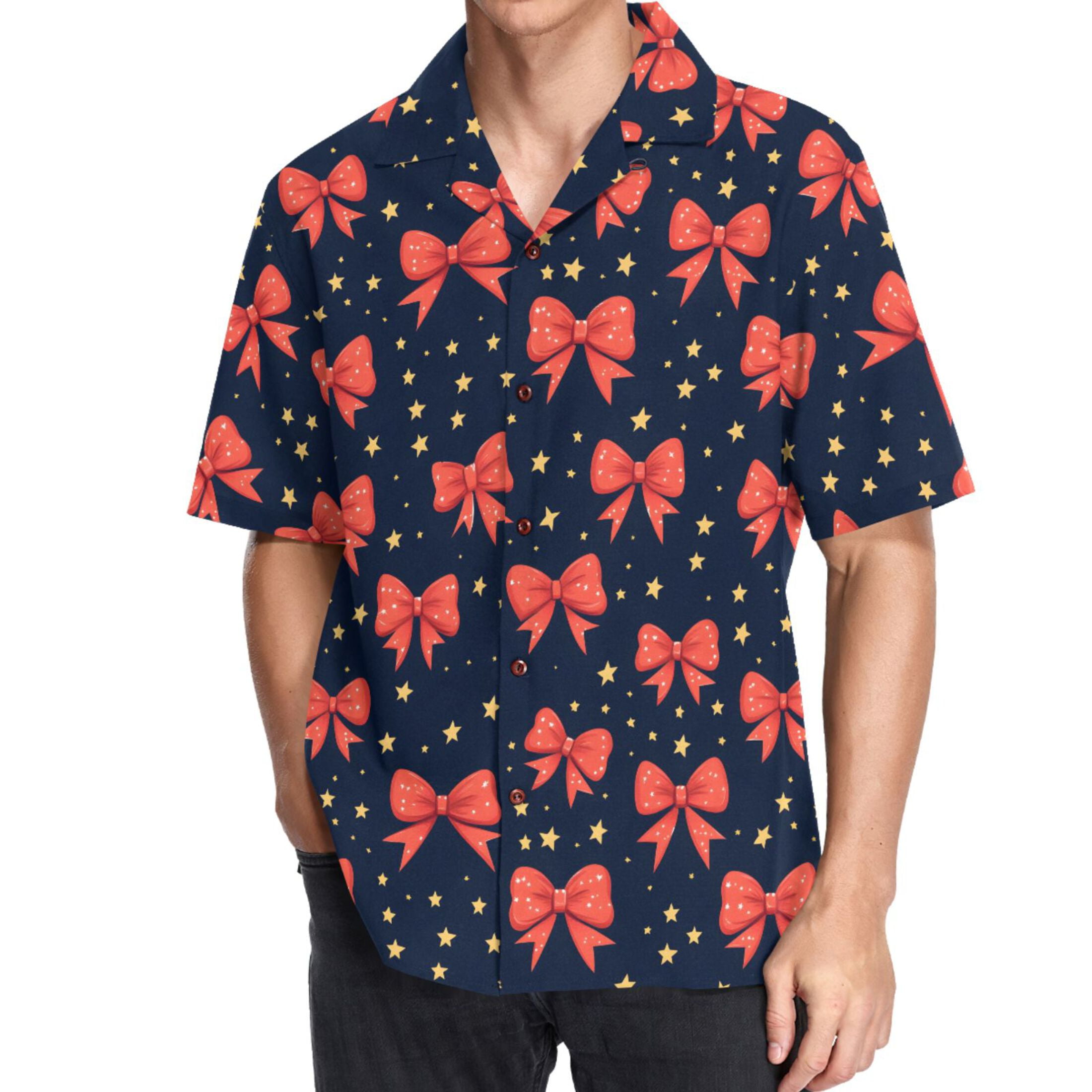 ALAZA Red Bow Pattern Men's Hawaiian Shirt Short Sleeve Casual Button ...