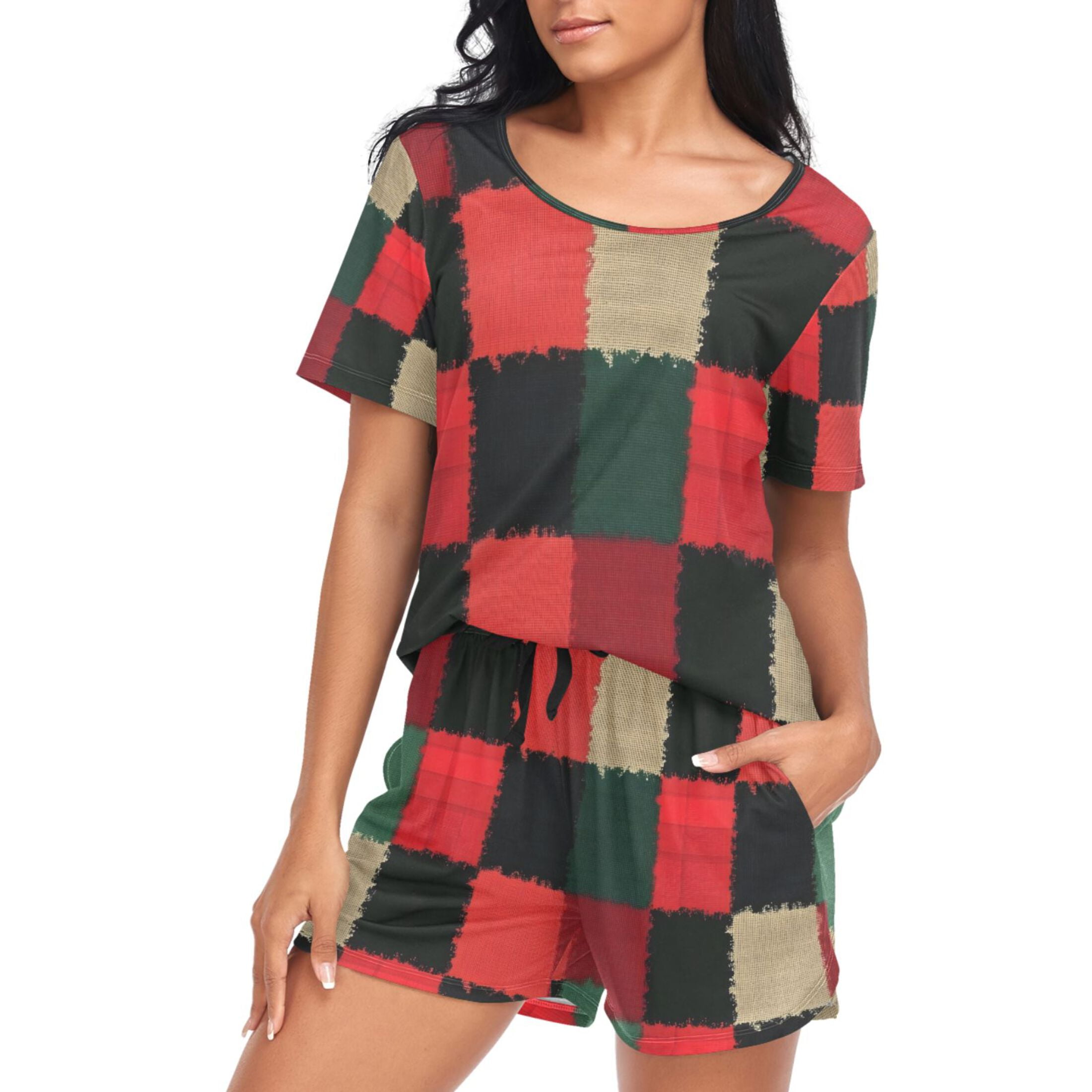ALAZA Red Checkered Grid Women's Pajama Set Short Sleepwear Loungewear ...
