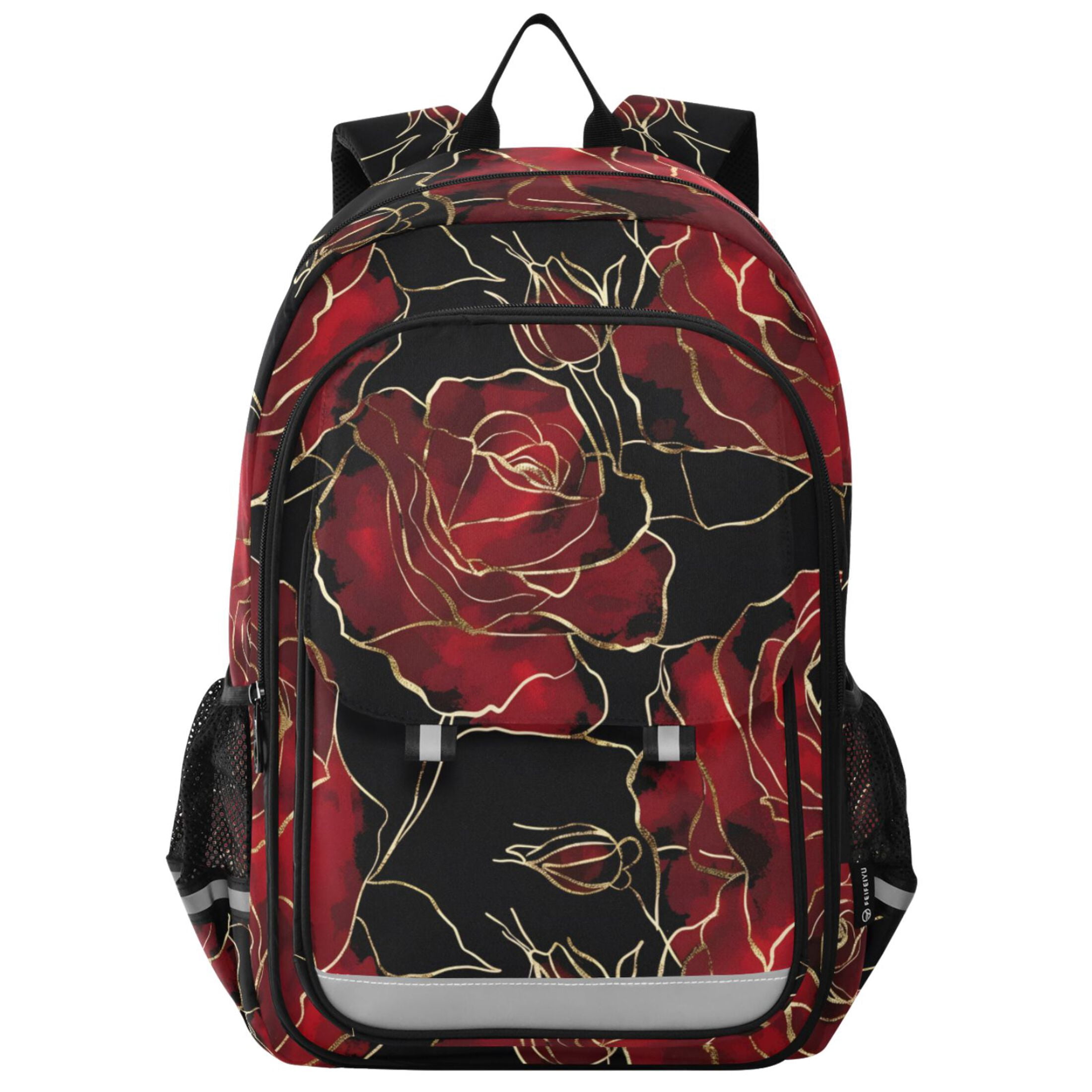 ALAZA Red Rose Flower with Gold Laptop Backpack Purse Travel Bag Casual ...