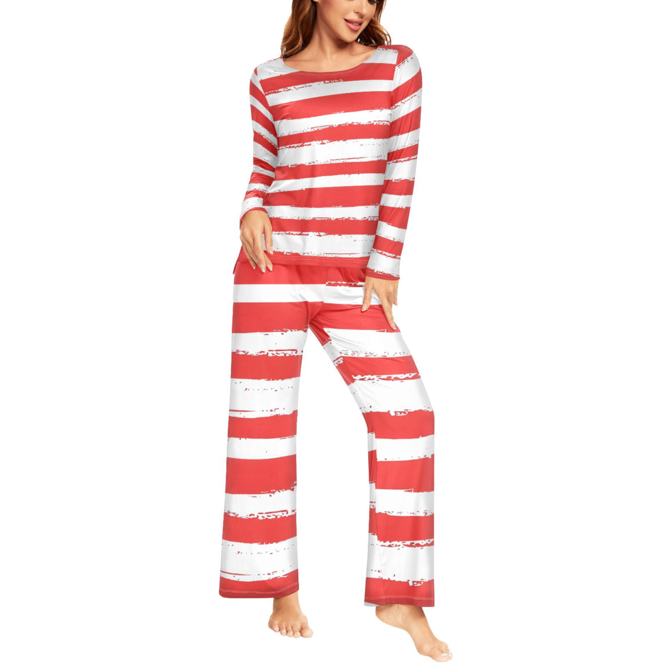 ALAZA Red and White Stripes Women's 2 Piece Long Sleeve Sleepwear Soft ...