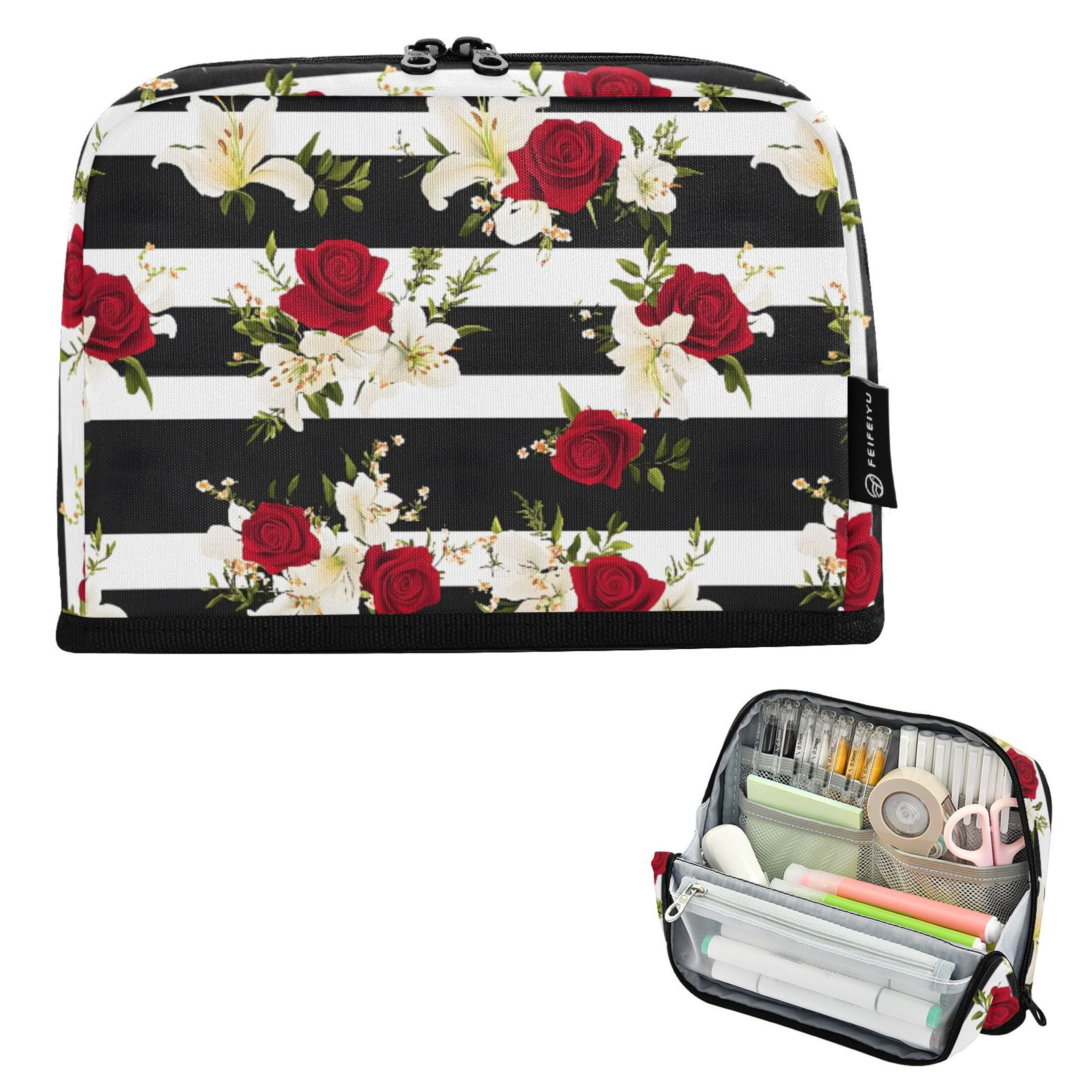 ALAZA Rose Flowers on Stripe Pencil Case Pen Pouch Bag Large Capacity ...