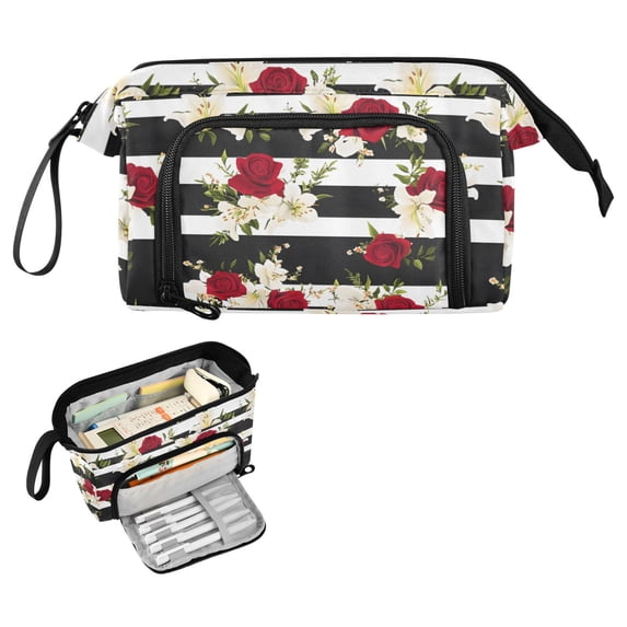 ALAZA Rose Flowers on Stripe Pencil Pouch Big Capacity Pencil Case ...
