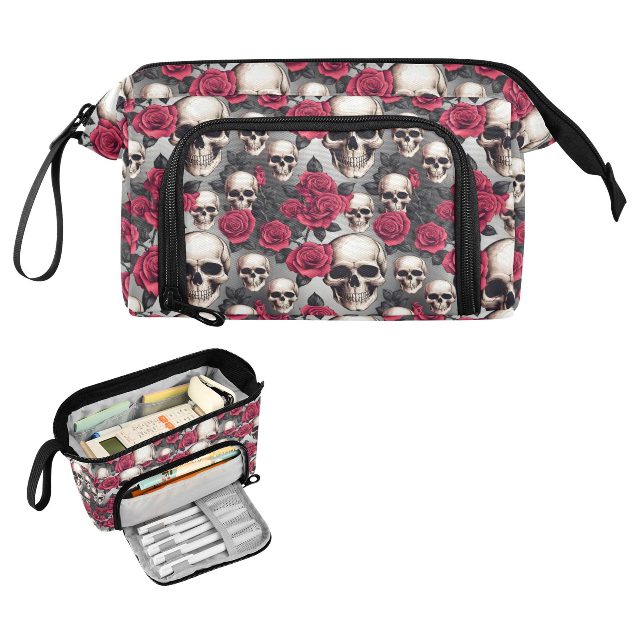ALAZA Rose Skull Flowers Pencil Pouch Big Capacity Pencil Case Zipper ...