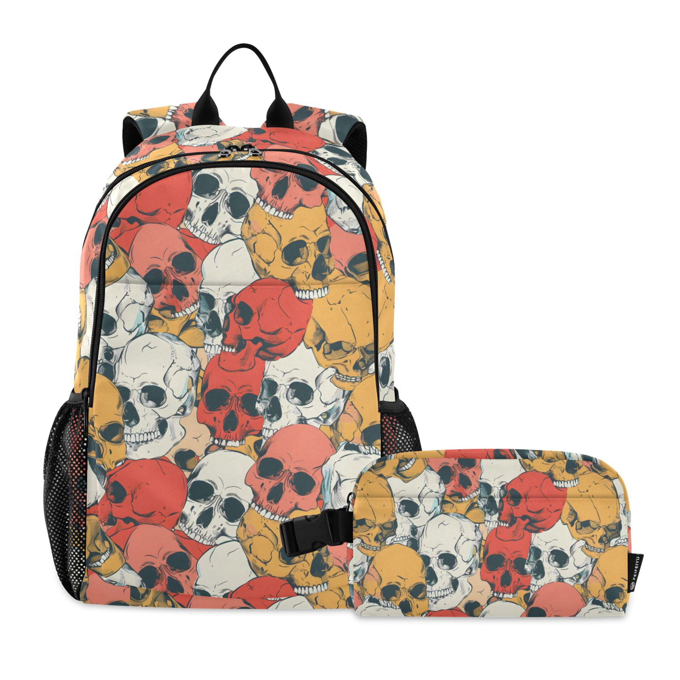 ALAZA Skull Head Hand Drawn School Backpack Lunch Box Set Student ...