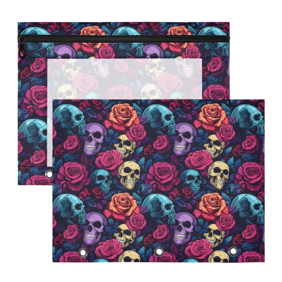 ALAZA Skull Roses Pattern Pencil Pouch 3 Ring Binder with Clear Window ...