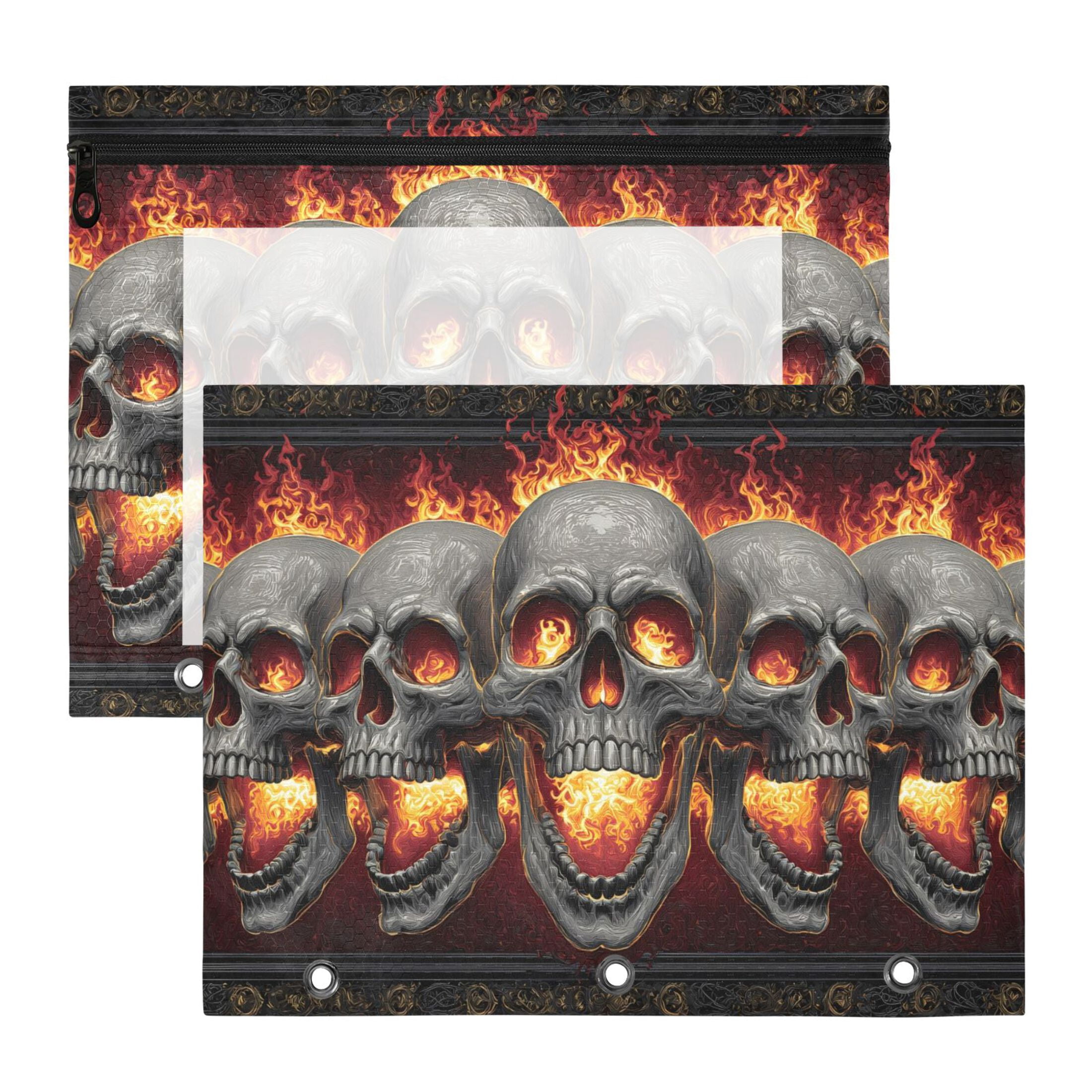 ALAZA Skull with Flame Pattern Pencil Pouch 3 Ring Binder with Clear ...