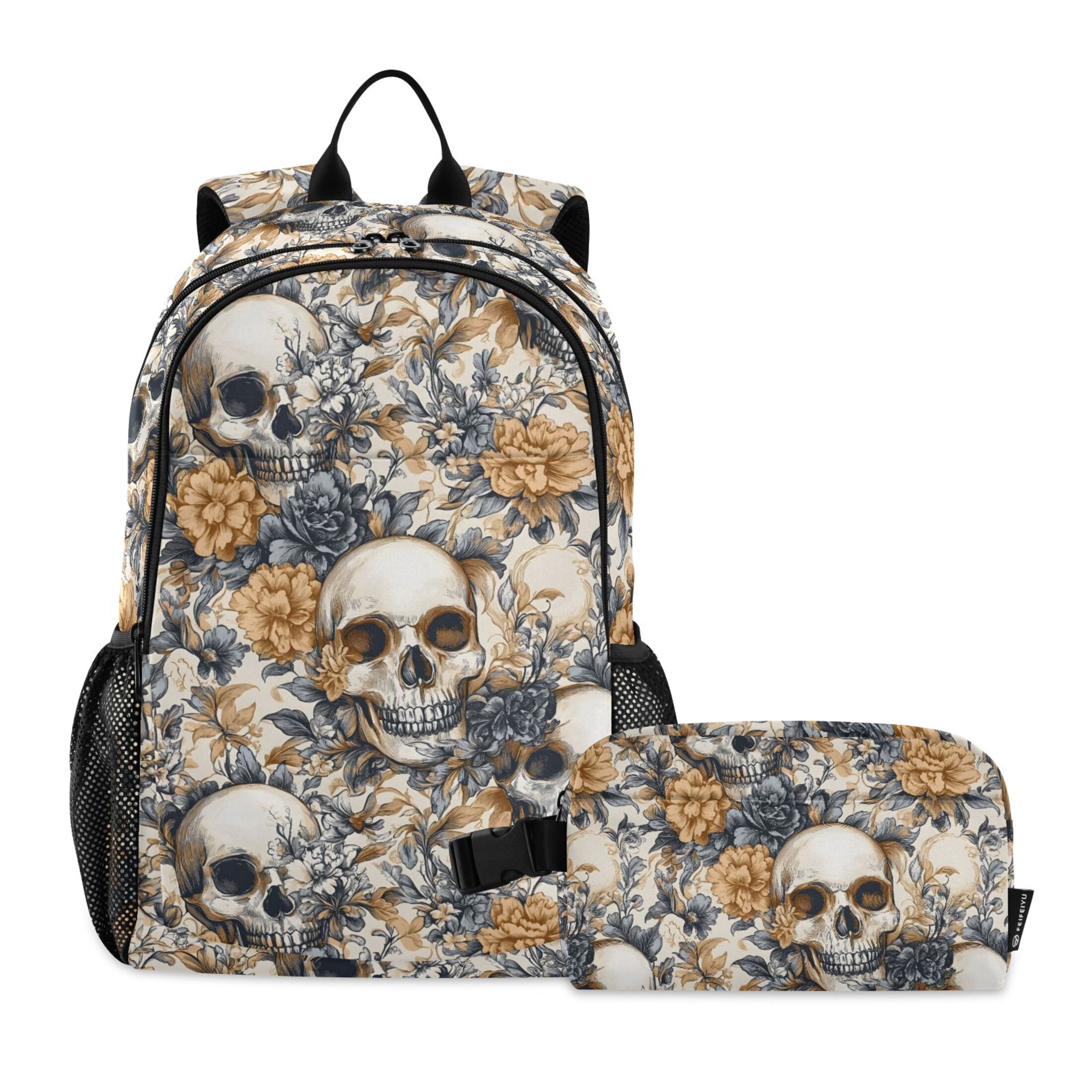 ALAZA Skulls Tropical Flower School Backpack Lunch Box Set Student ...