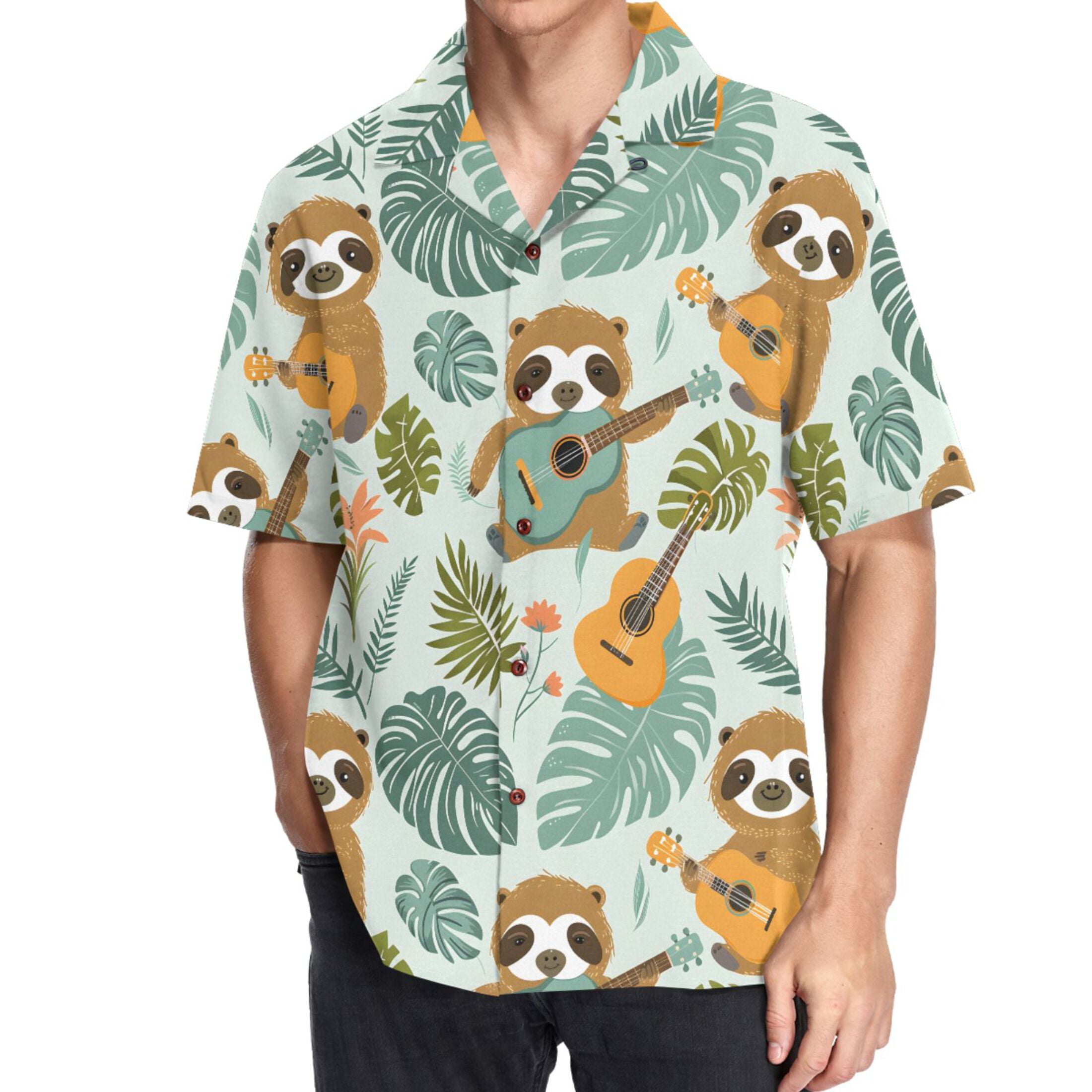 ALAZA Sloth Playing Guitar and Leaves Men's Hawaiian Shirt Short Sleeve ...