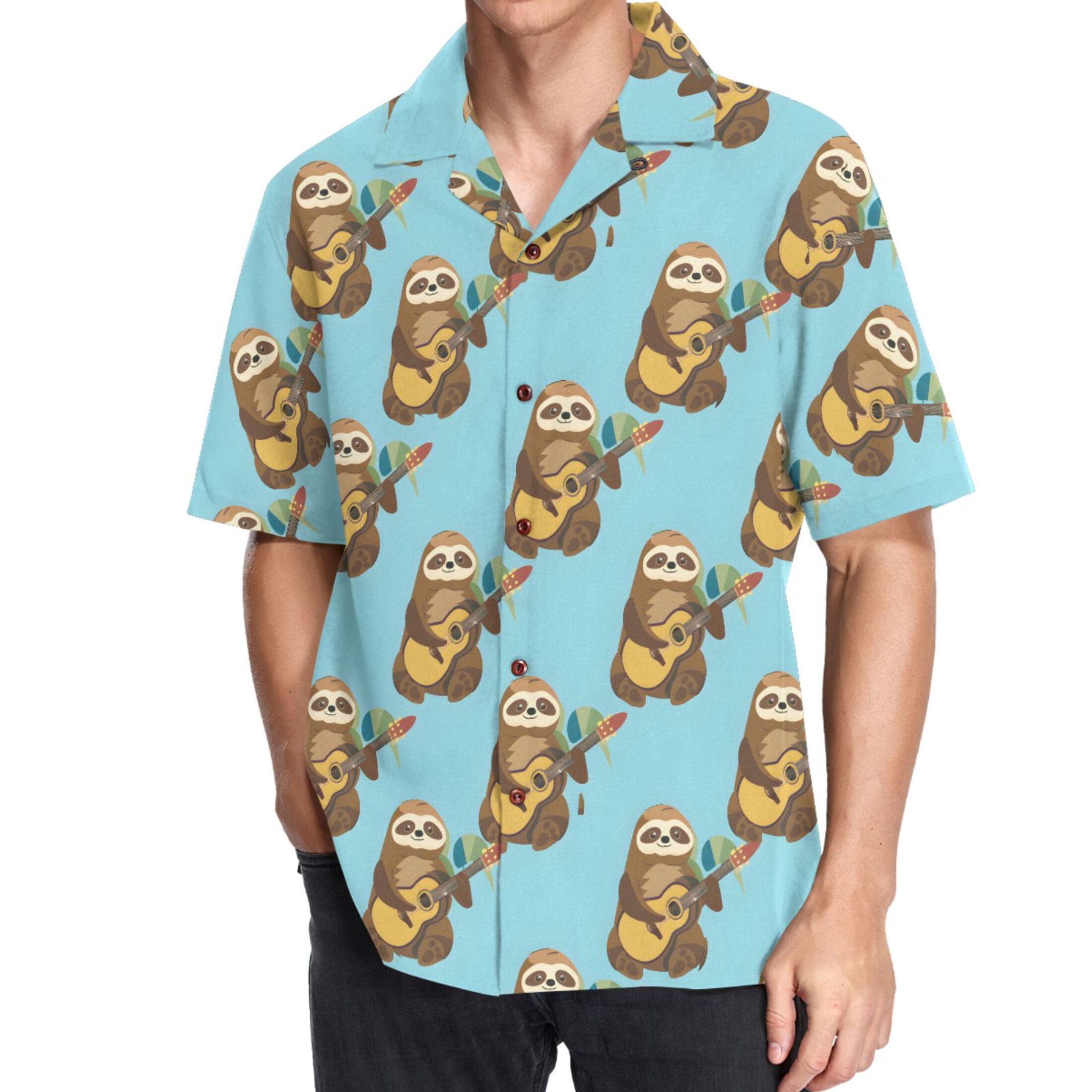 ALAZA Sloth and Guitar Men's Hawaiian Shirt Short Sleeve Casual Button ...