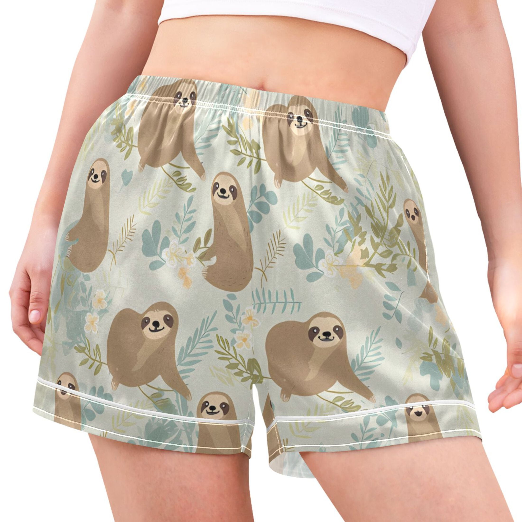 ALAZA Sloth and Leaves Women's Pajama Lounge Shorts Bottoms Sleep Short ...
