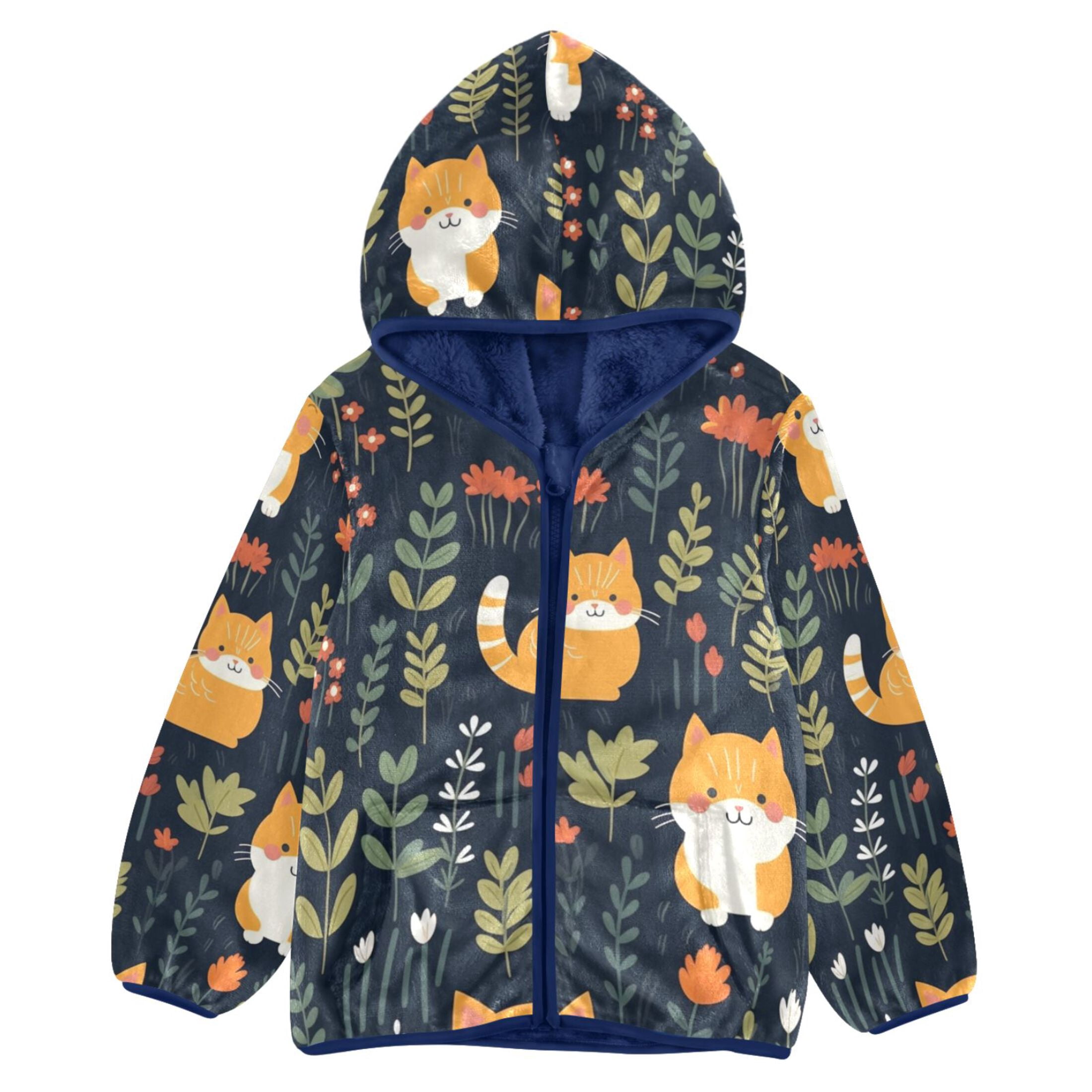 ALAZA Toddler Polar Fleece Jacket Cartoon Cat and Leaves Kids Hooded ...