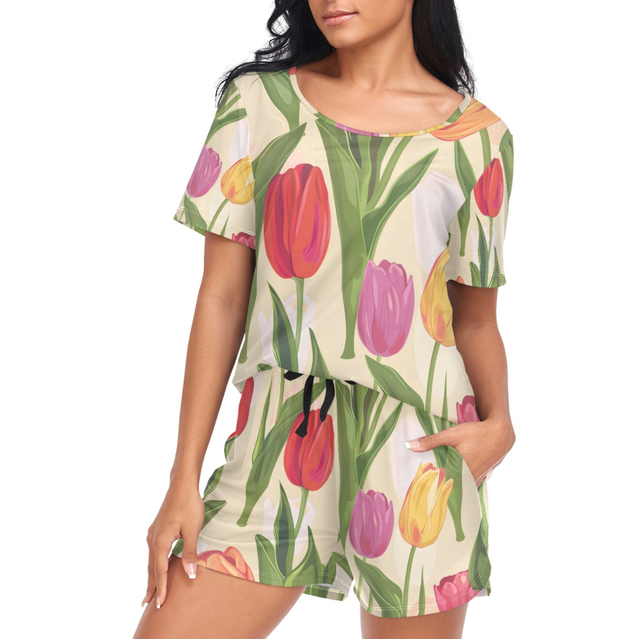 ALAZA Tulip Floral Women's Pajama Set Short Sleepwear Loungewear with ...