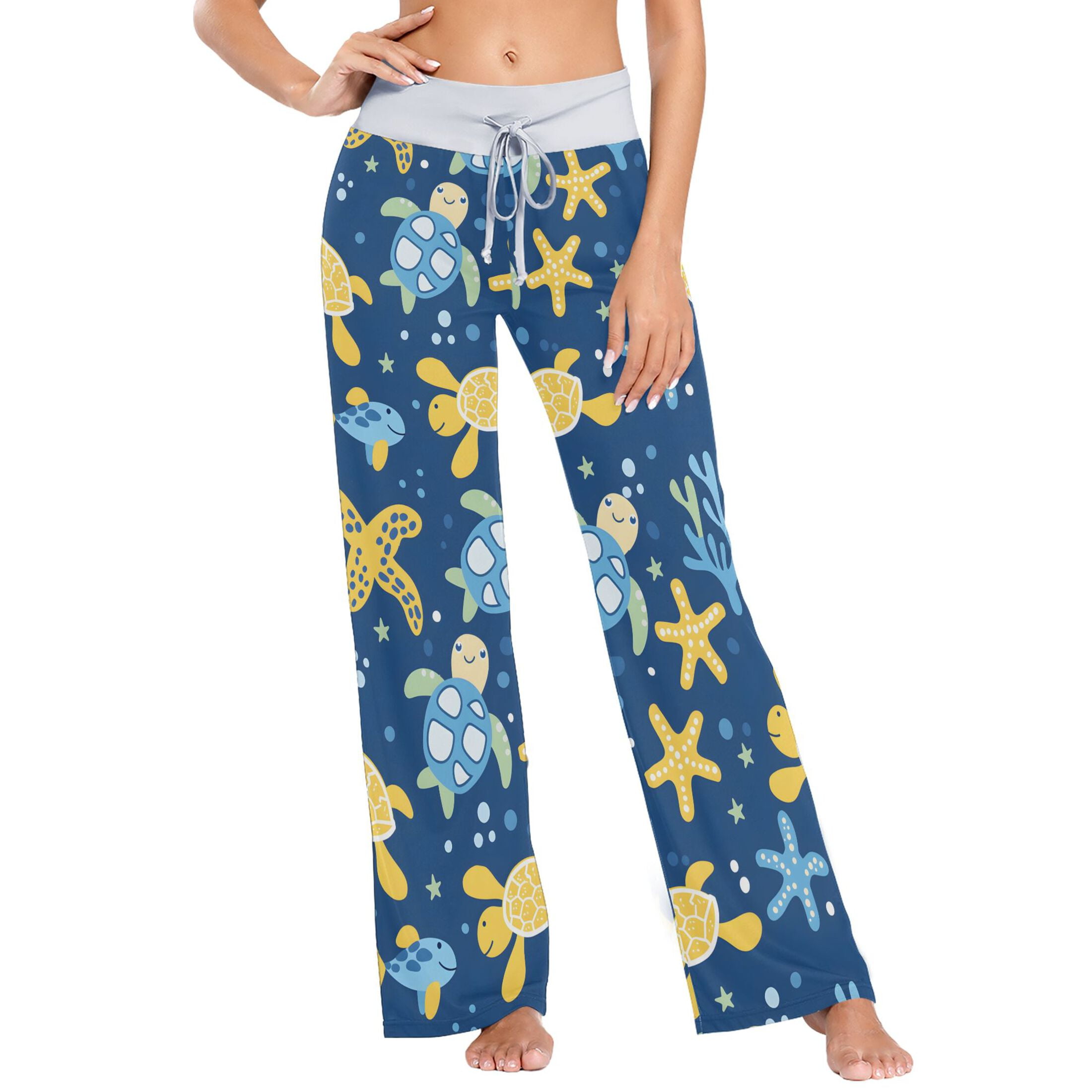 ALAZA Turtle and Sea Star Women's Comfy Pajama Pants Sleepwear Wide Leg ...