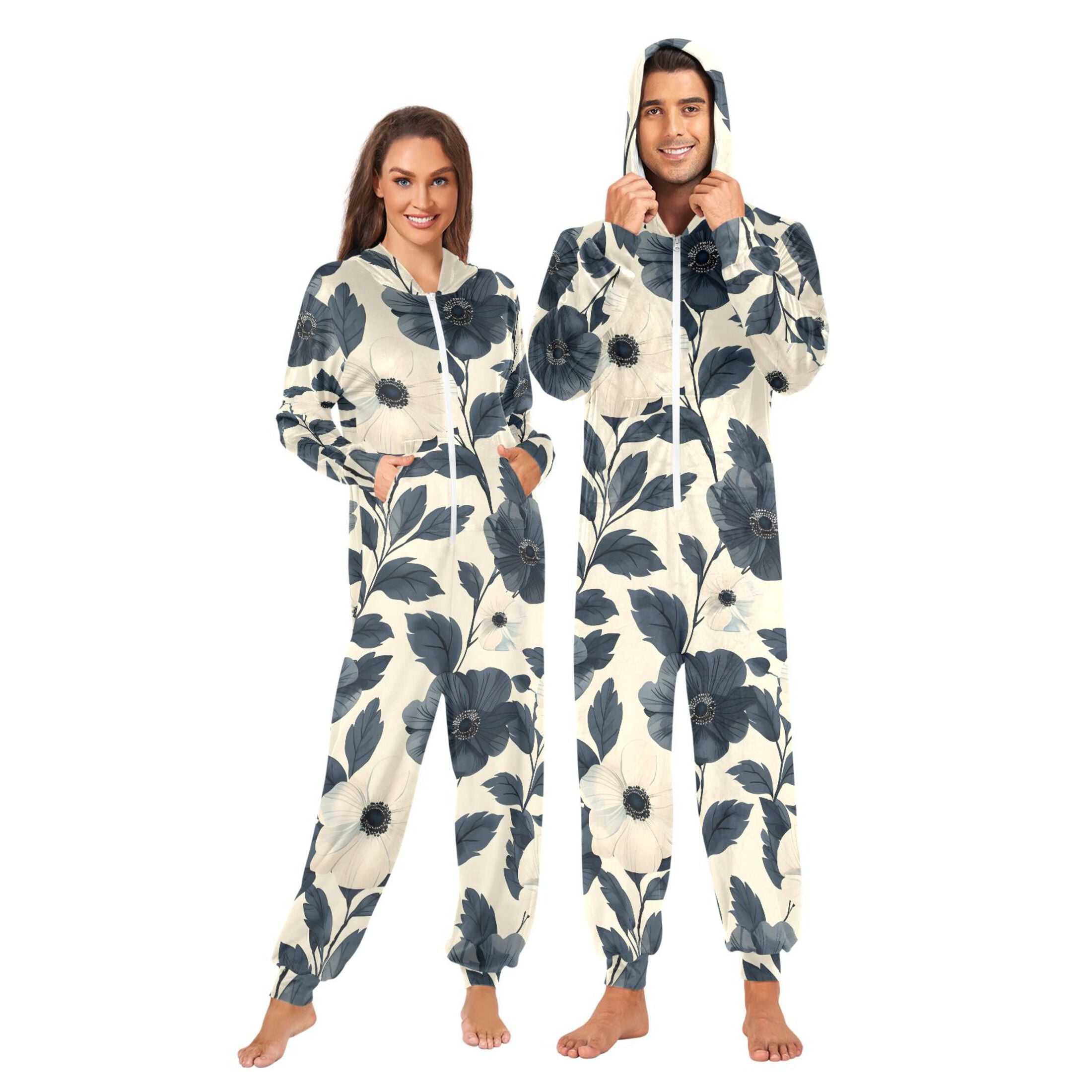 ALAZA Unisex Adults Onesie Pajamas Black Peony Flower Sleepwear ...