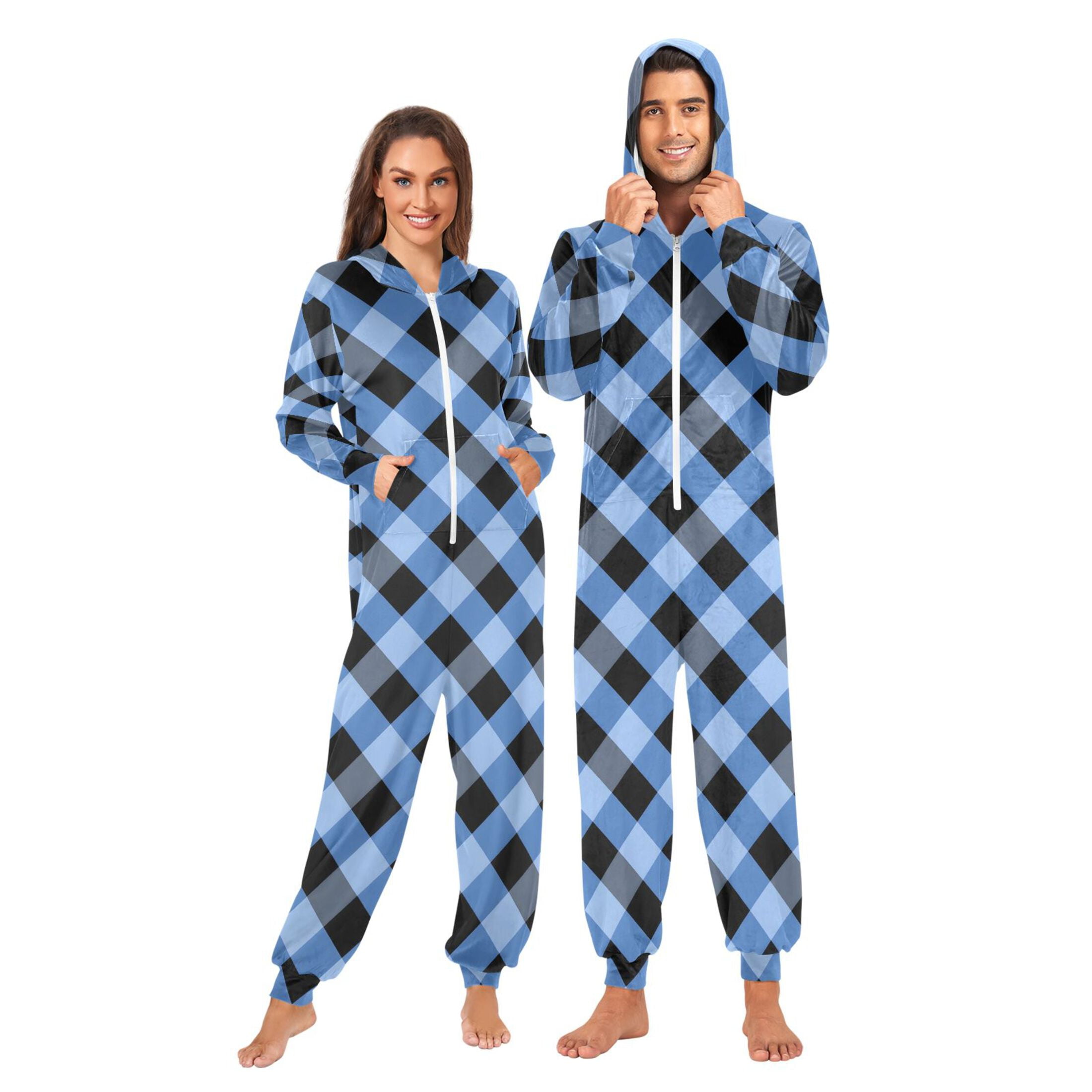 ALAZA Unisex Adults Onesie Pajamas Blue Grid Checkered Pattern ...