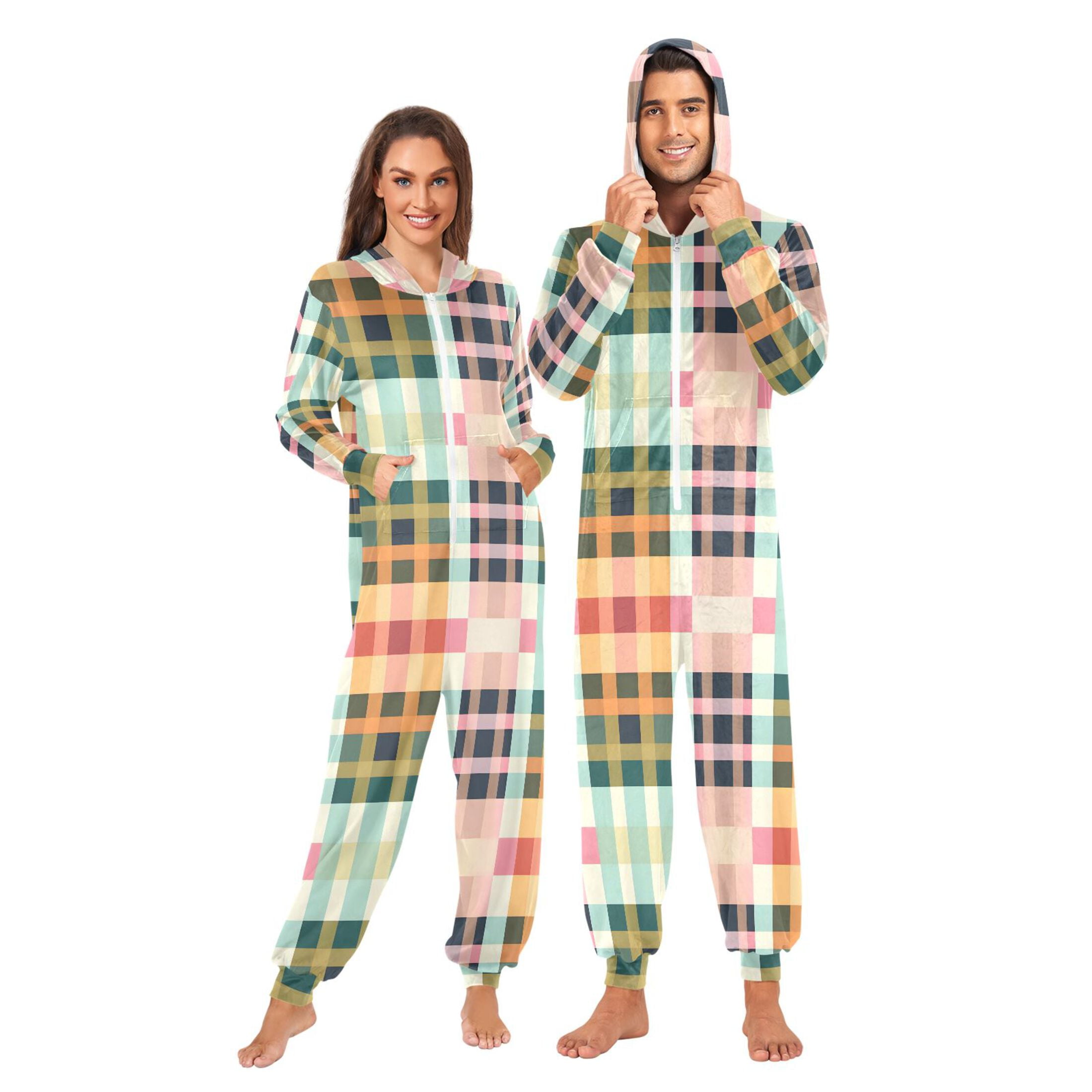 ALAZA Unisex Adults Onesie Pajamas Checkered Pattern Grid Sleepwear ...
