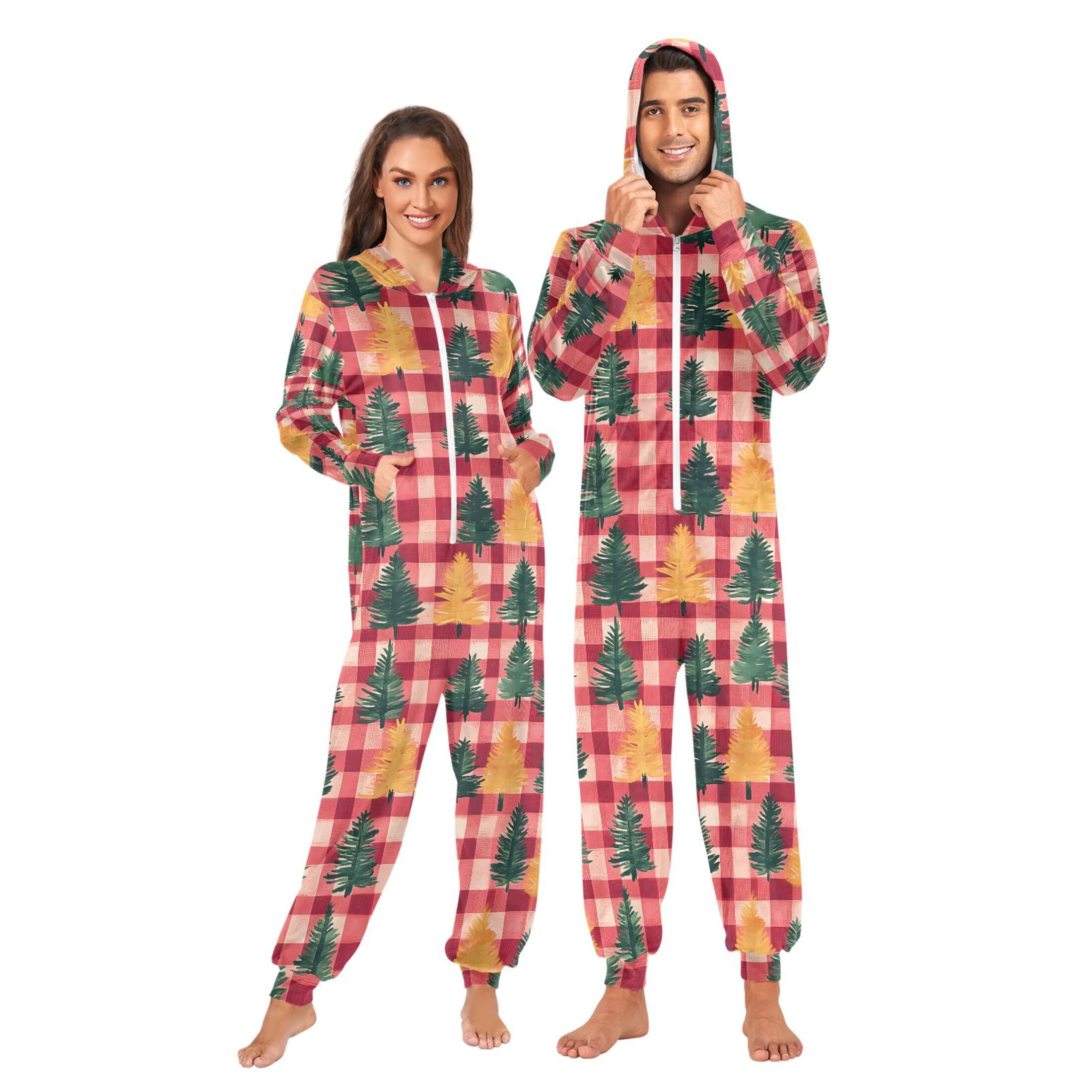 ALAZA Unisex Adults Onesie Pajamas Christmas Tree Checkered Sleepwear ...