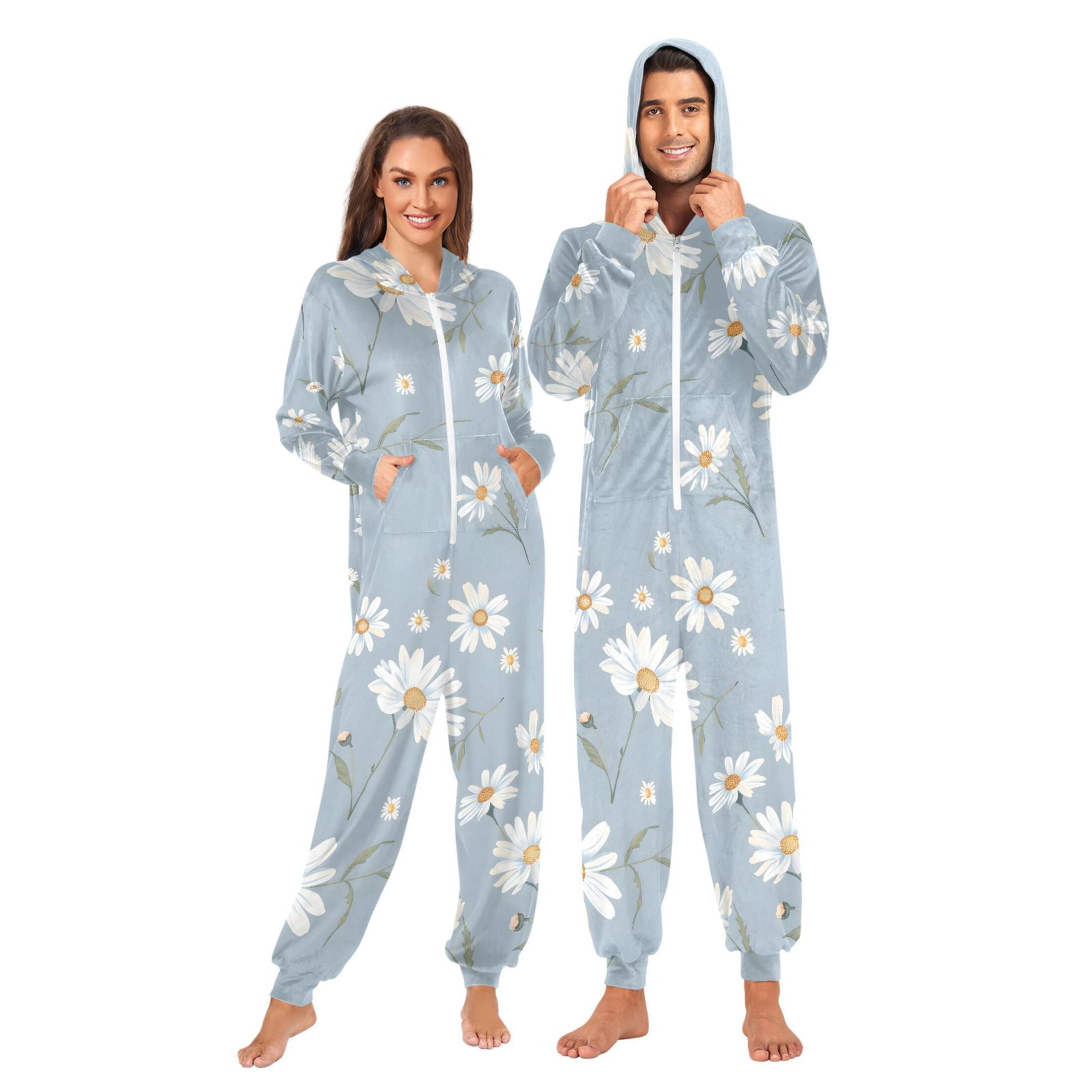 ALAZA Unisex Adults Onesie Pajamas Daisy Floral Sleepwear Jumpsuits One ...