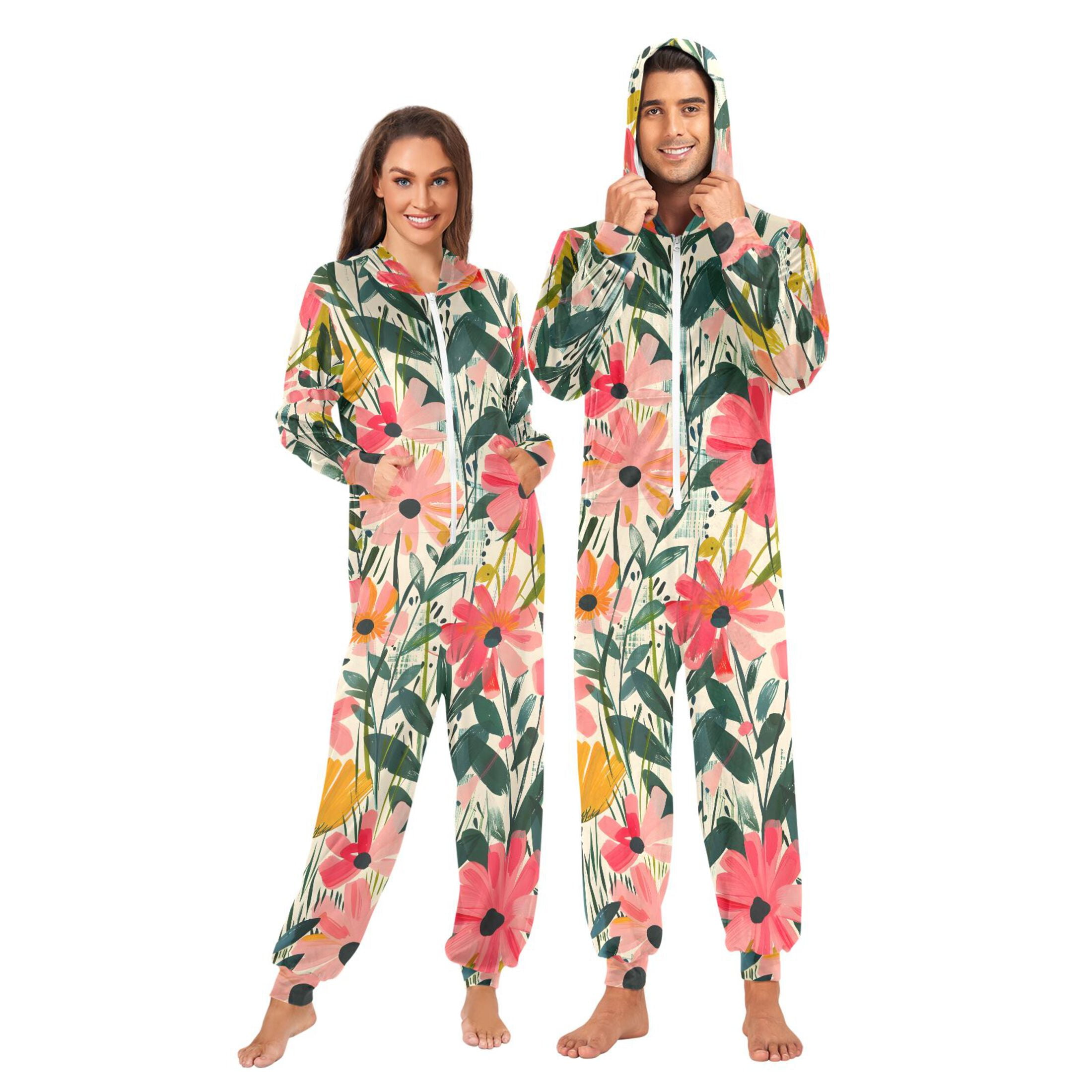 ALAZA Unisex Adults Onesie Pajamas Flower Oil Painting Sleepwear ...