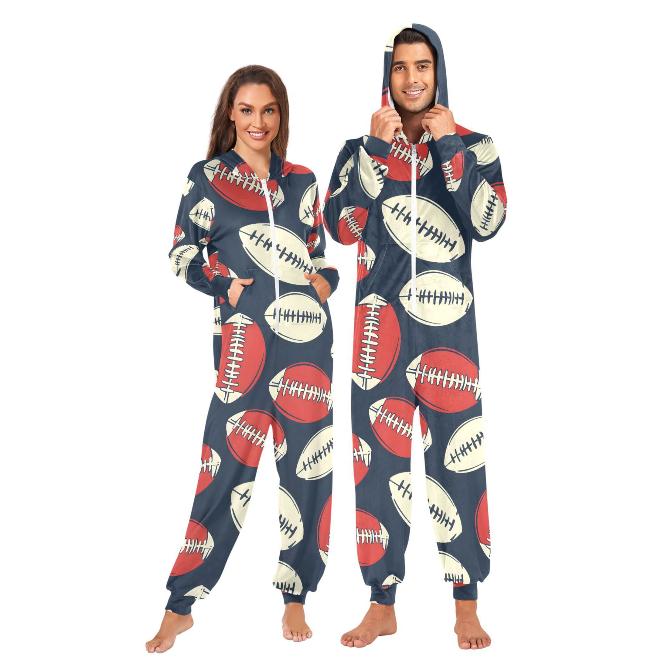 ALAZA Unisex Adults Onesie Pajamas Football Pattern Sleepwear Jumpsuits ...