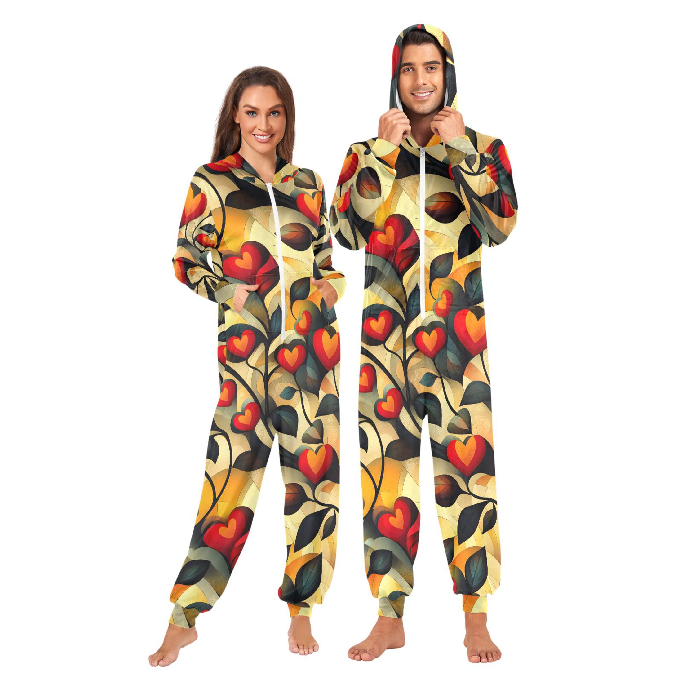 ALAZA Unisex Adults Onesie Pajamas Heart Flower Leaves Sleepwear ...