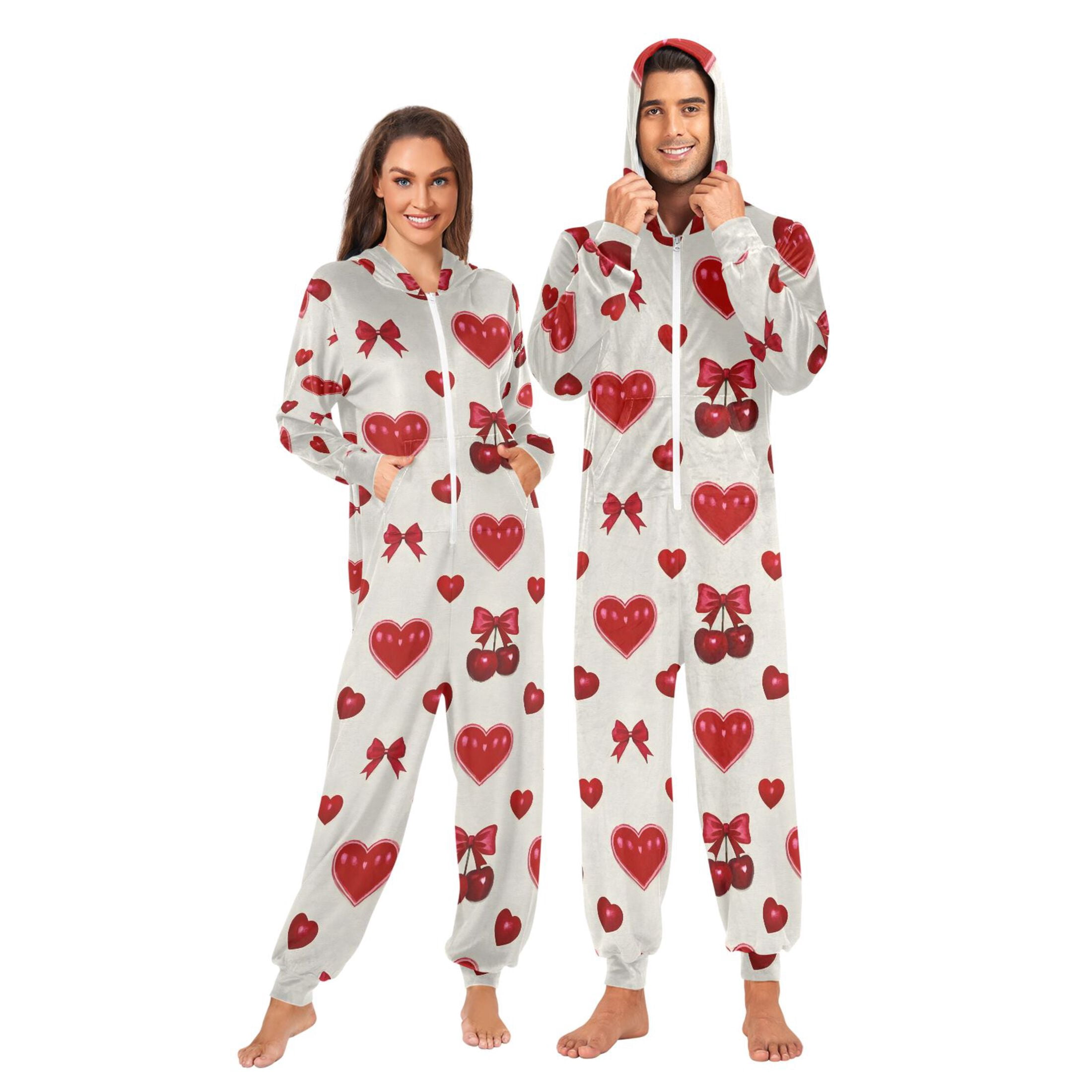ALAZA Unisex Adults Onesie Pajamas Hearts Cherry Sleepwear Jumpsuits ...