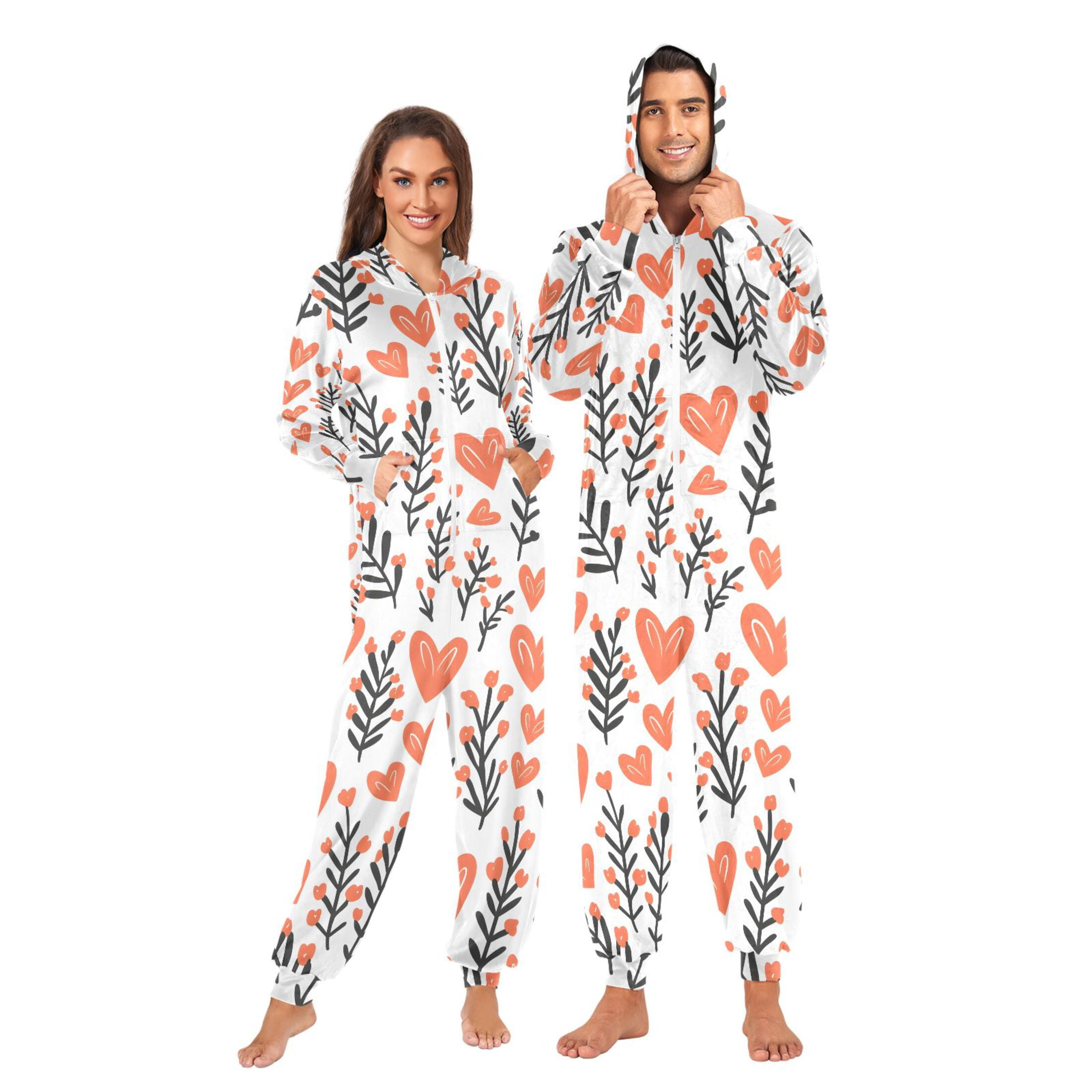 ALAZA Unisex Adults Onesie Pajamas Hearts Leaf Sleepwear Jumpsuits One ...