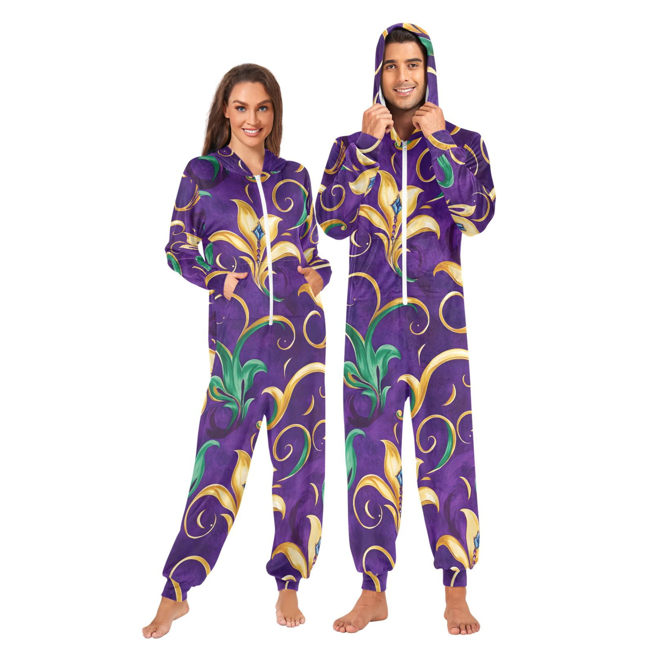 ALAZA Unisex Adults Onesie Pajamas Mardi Gras Leaf Sleepwear Jumpsuits ...