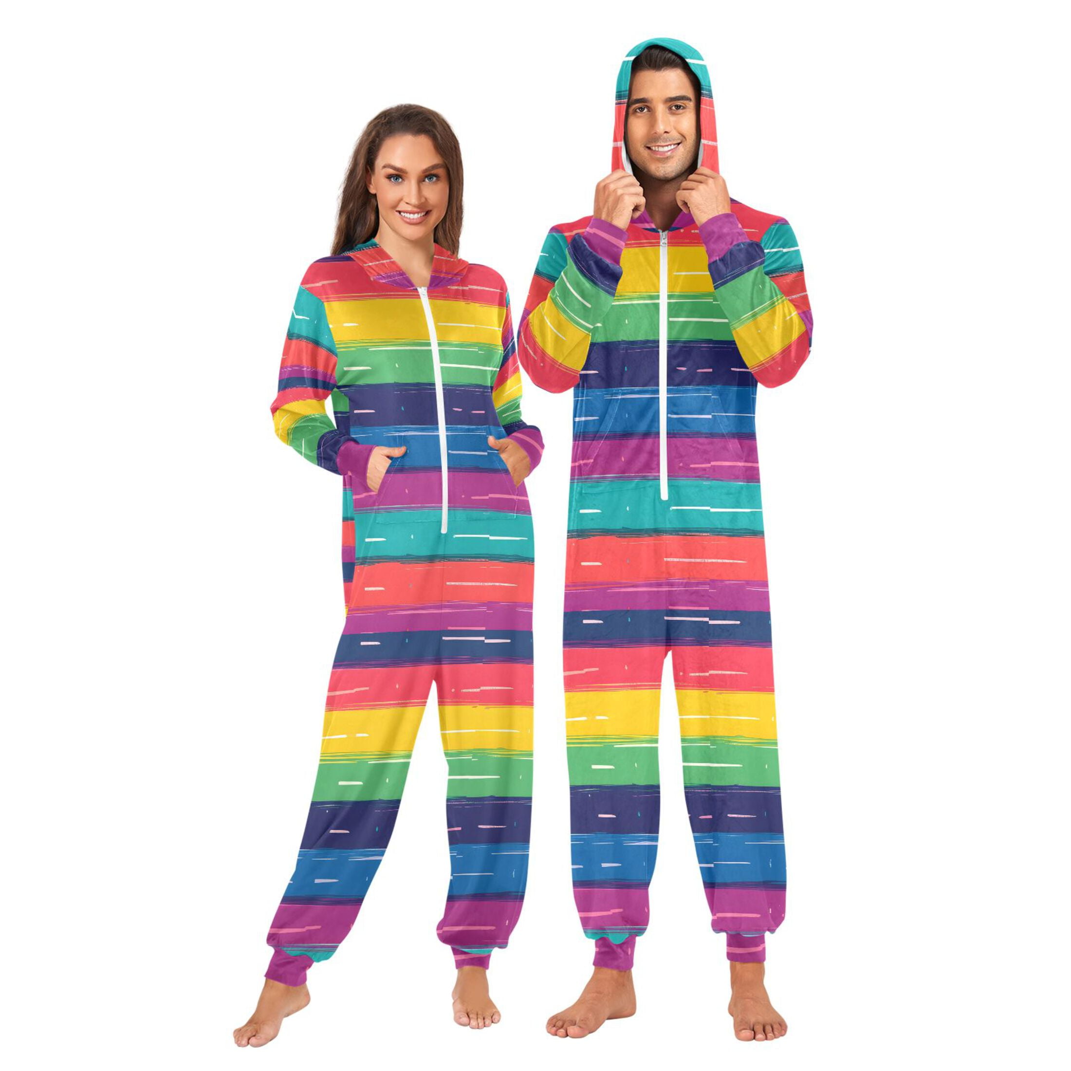 ALAZA Unisex Adults Onesie Pajamas Rainbow Stripes Pattern Sleepwear ...