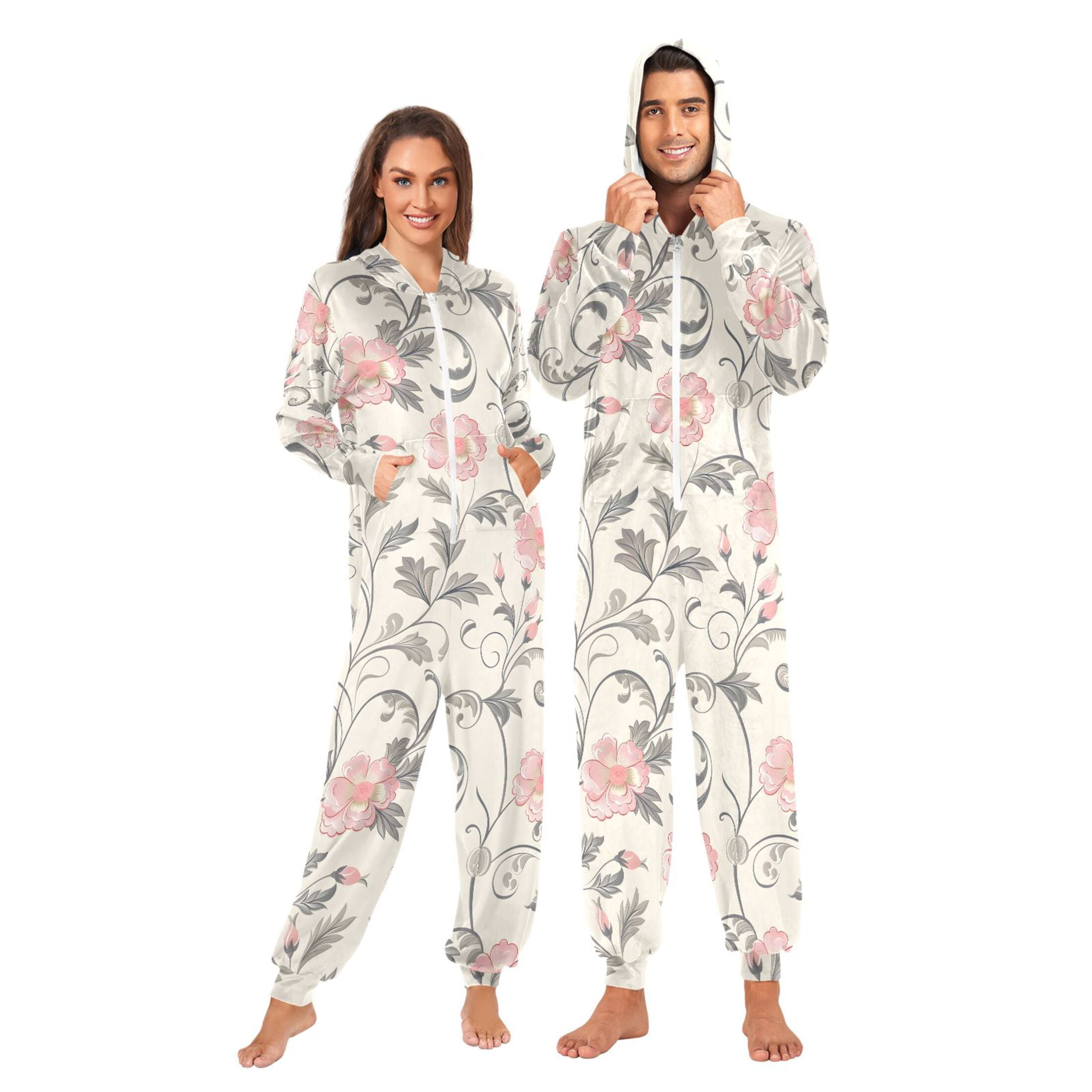ALAZA Unisex Adults Onesie Pajamas Retro Art Flowers Sleepwear ...