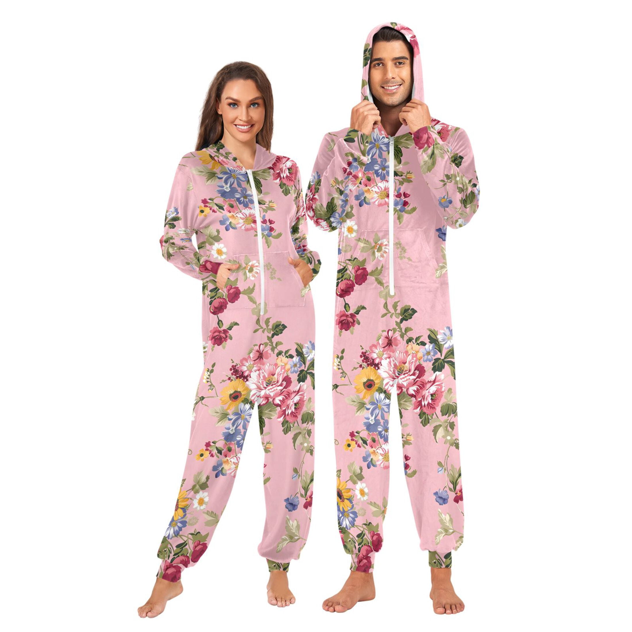 ALAZA Unisex Adults Onesie Pajamas Retro Flowers Sleepwear Jumpsuits ...